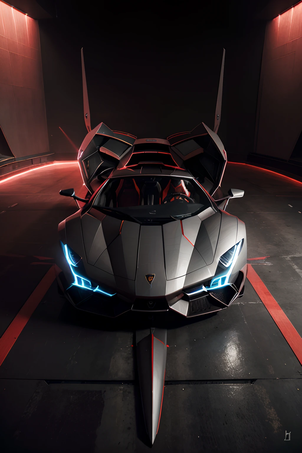 Lamborgon with futuristic lights and a wing in a dark room - SeaArt AI