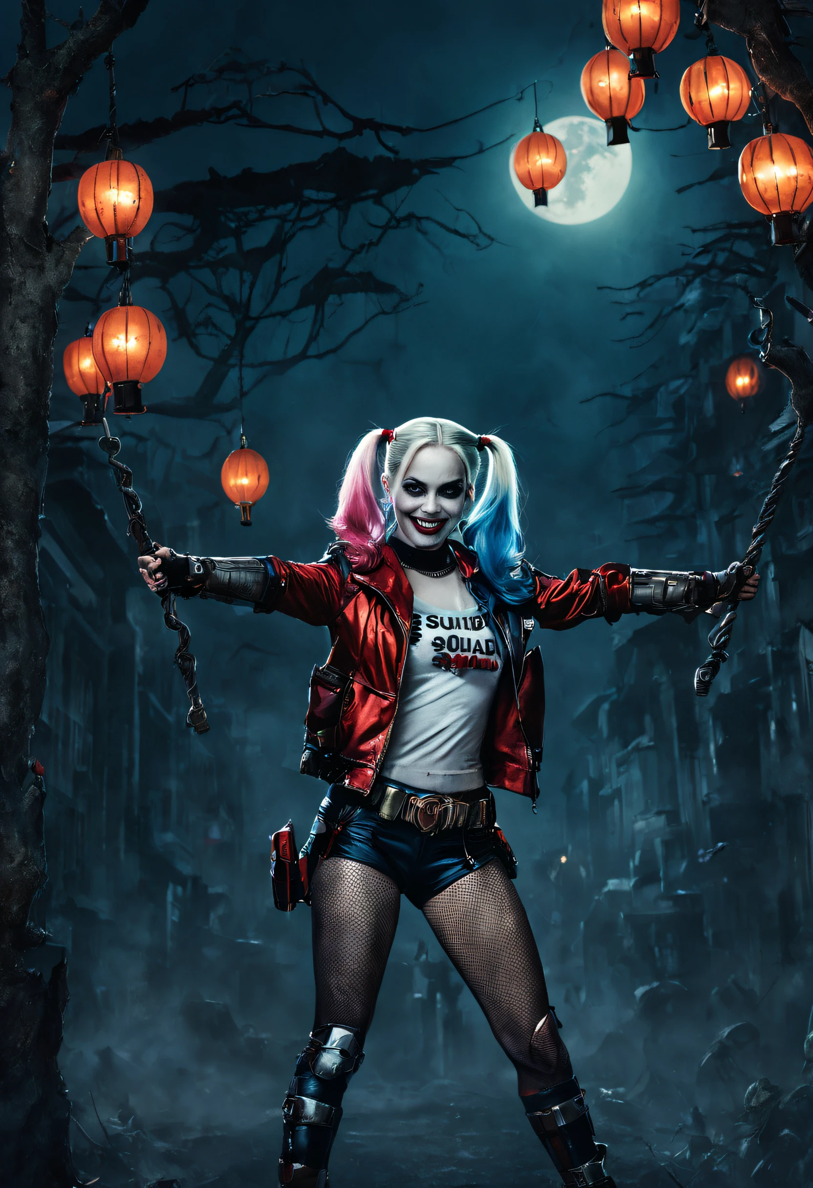 Harley in a halloween costume holding lanterns in a forest - SeaArt AI