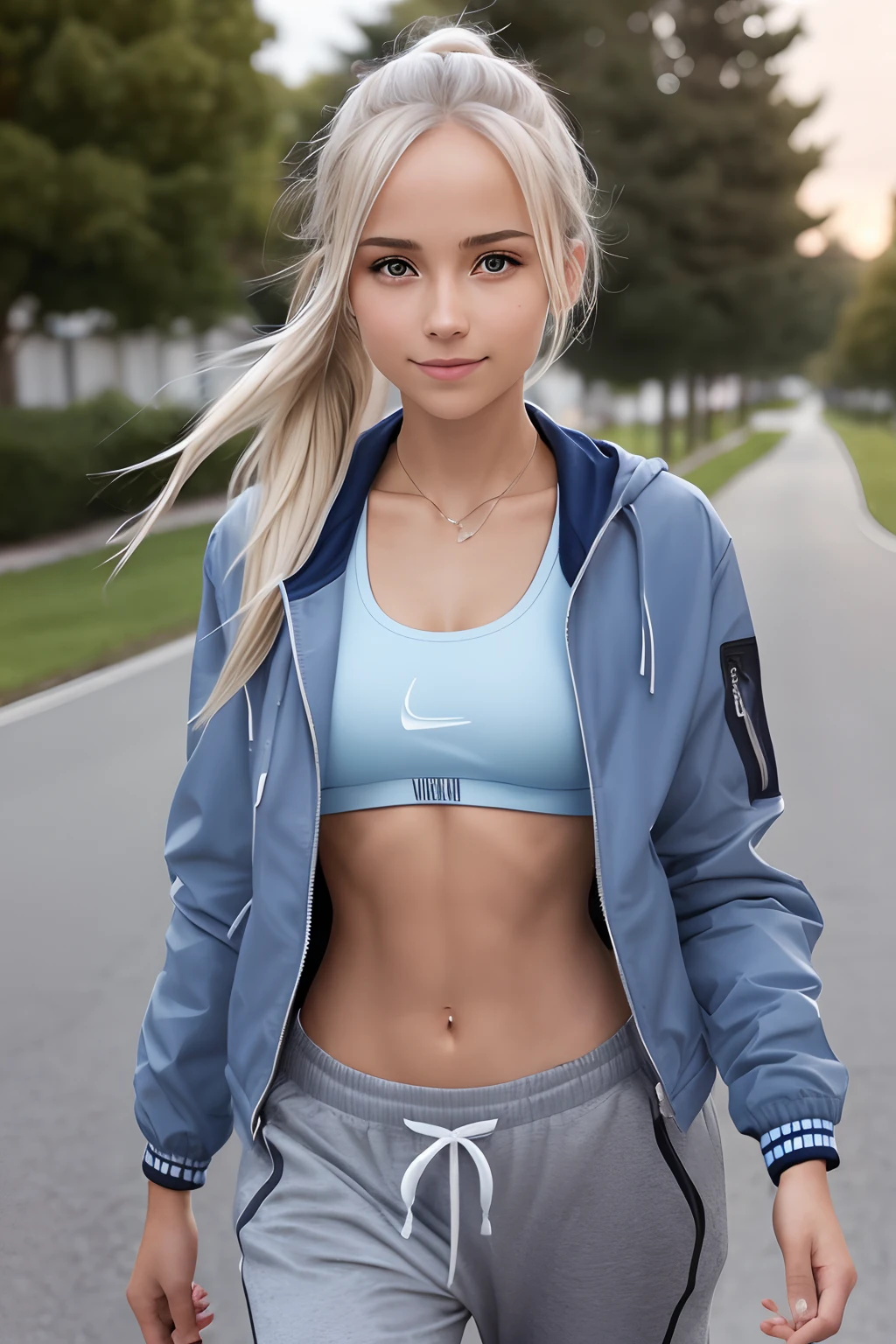 A woman in a blue sports jacket and grey sweatpants walking down a street - SeaArt AI