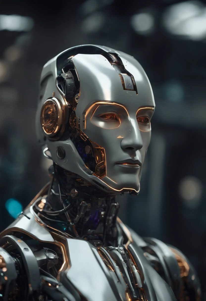 A close up of a robot with a head of silver and gold - SeaArt AI