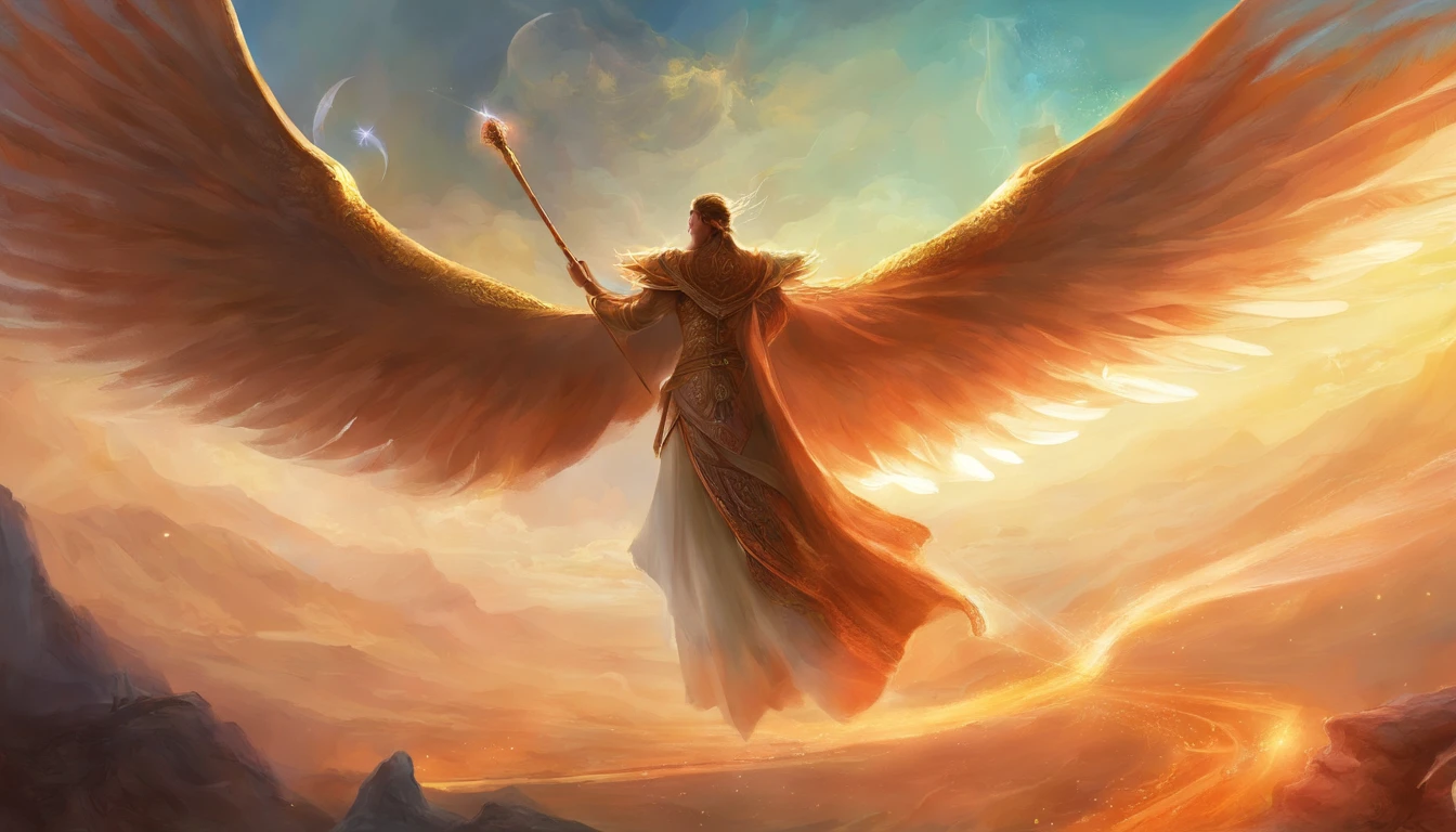 An angel with a staff flying through the sky - SeaArt AI