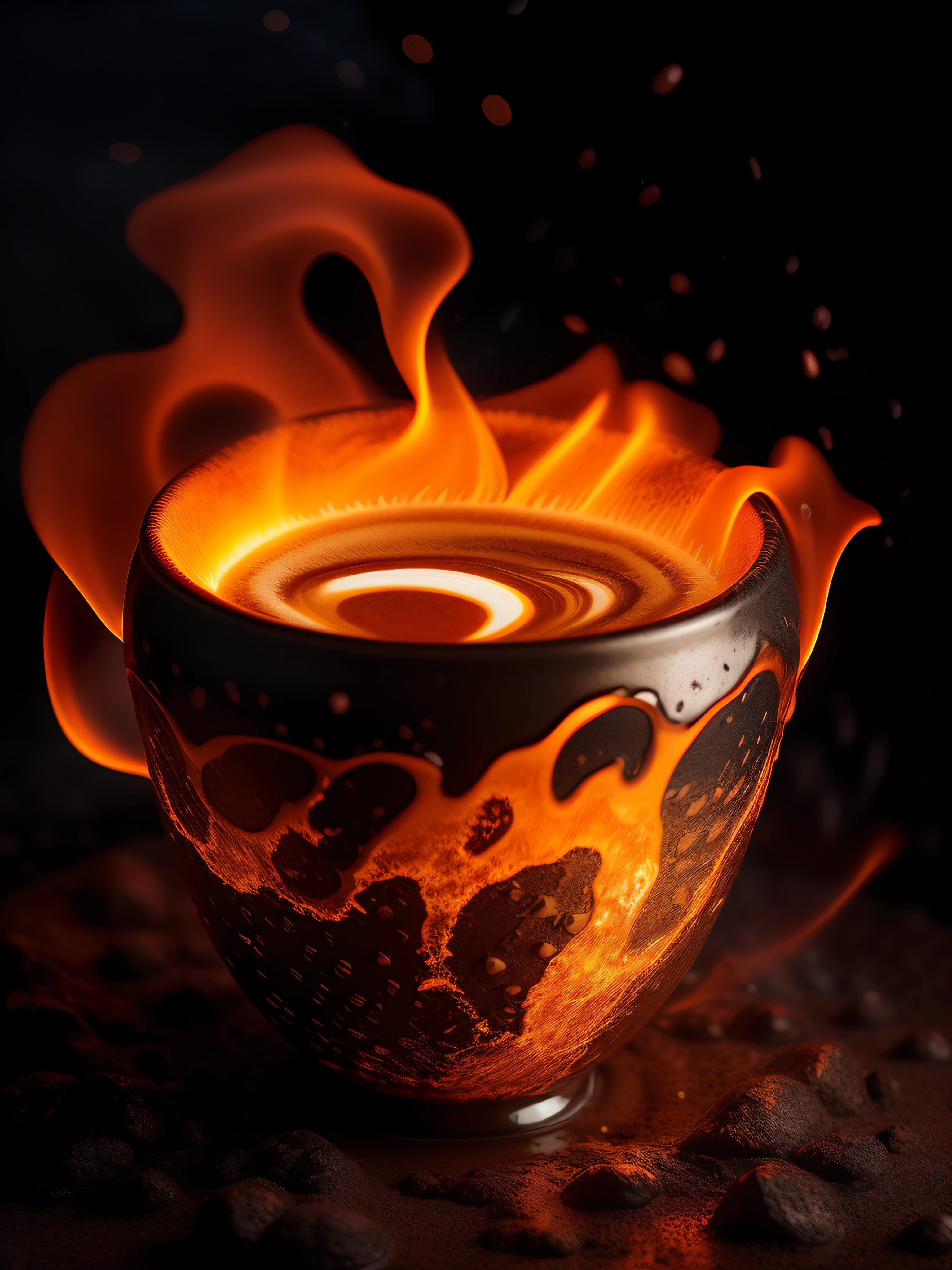 Flames are rising out of a cup of coffee on a table - SeaArt AI