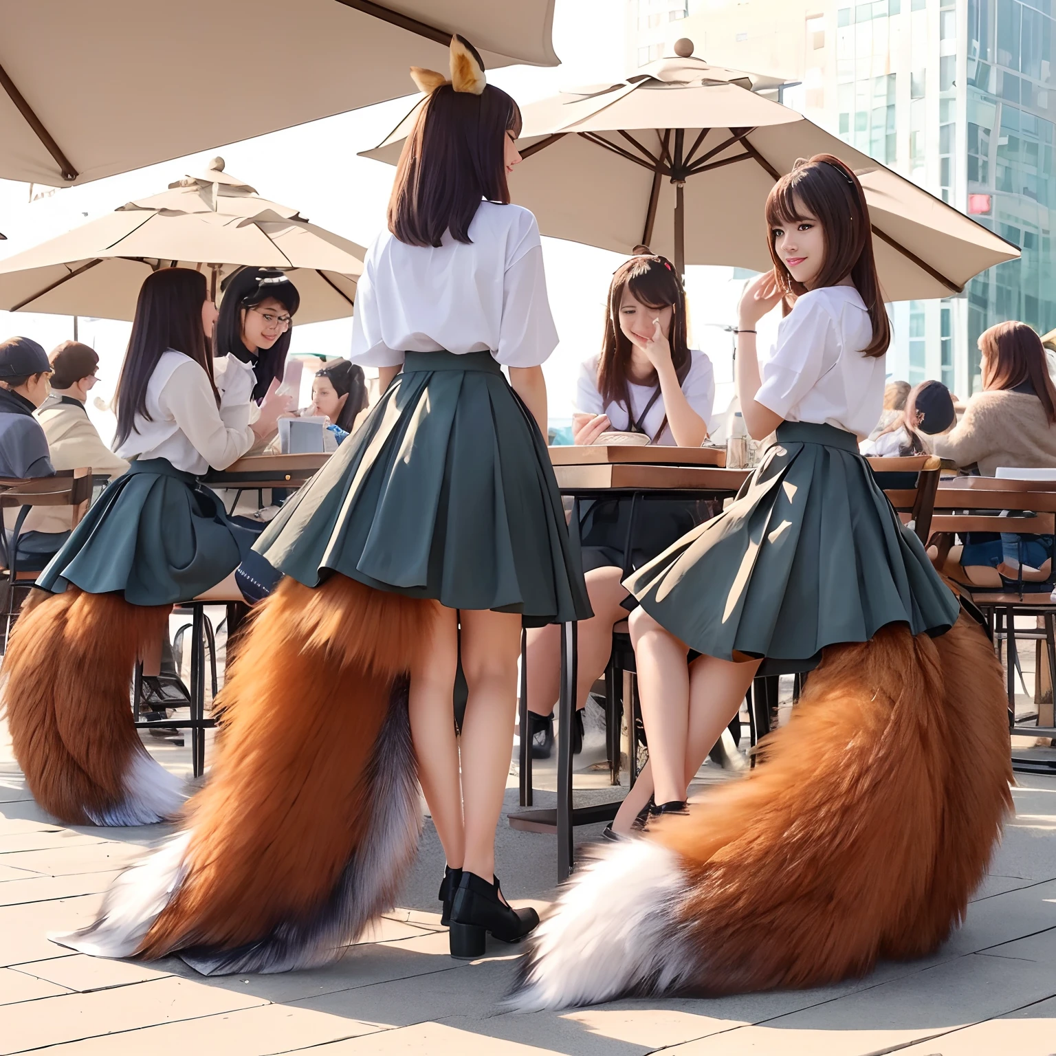 There are two girls in skirts with tails on their legs - SeaArt AI