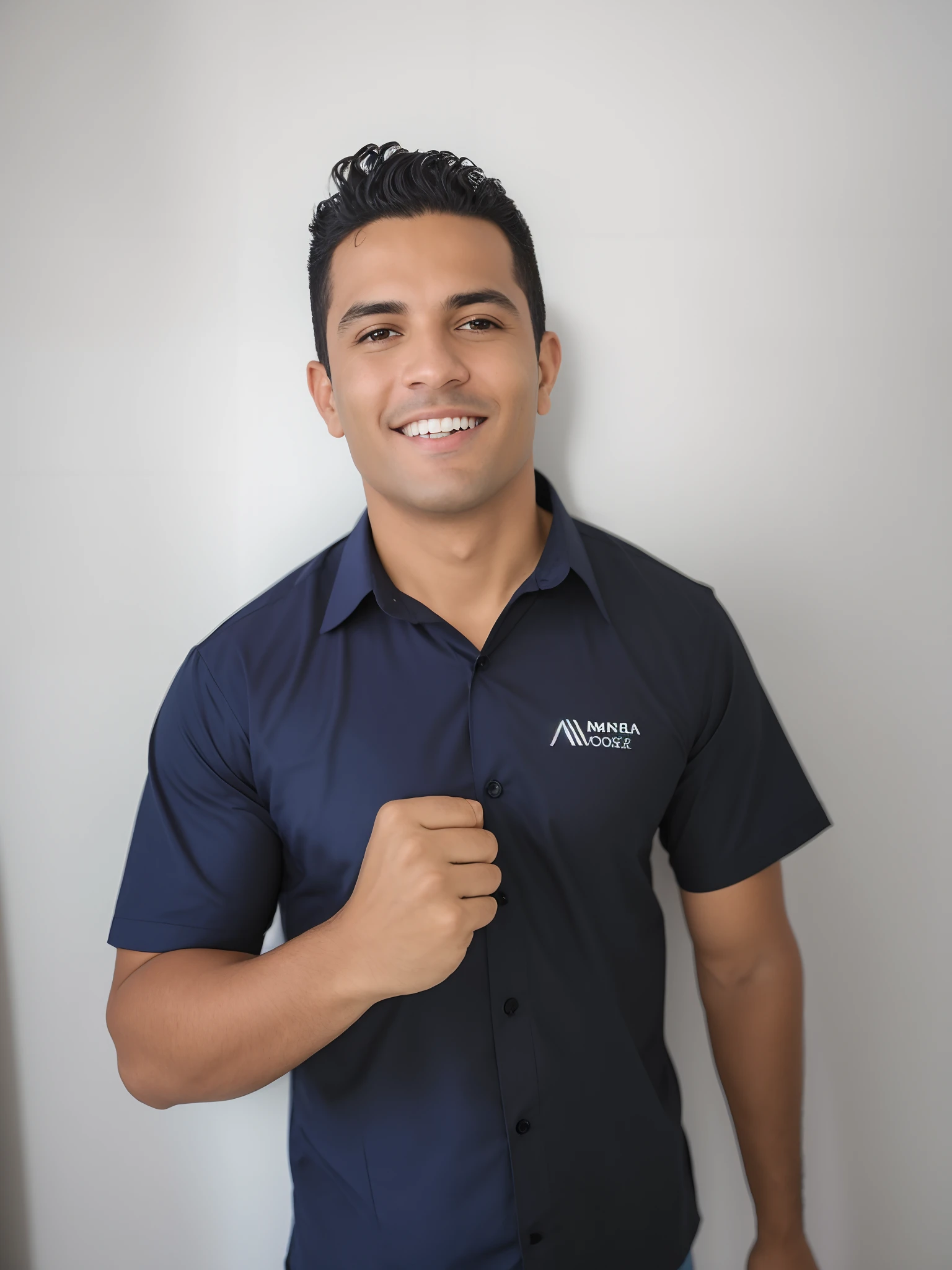 Arafed man in a blue shirt and black pants posing for a picture - SeaArt AI