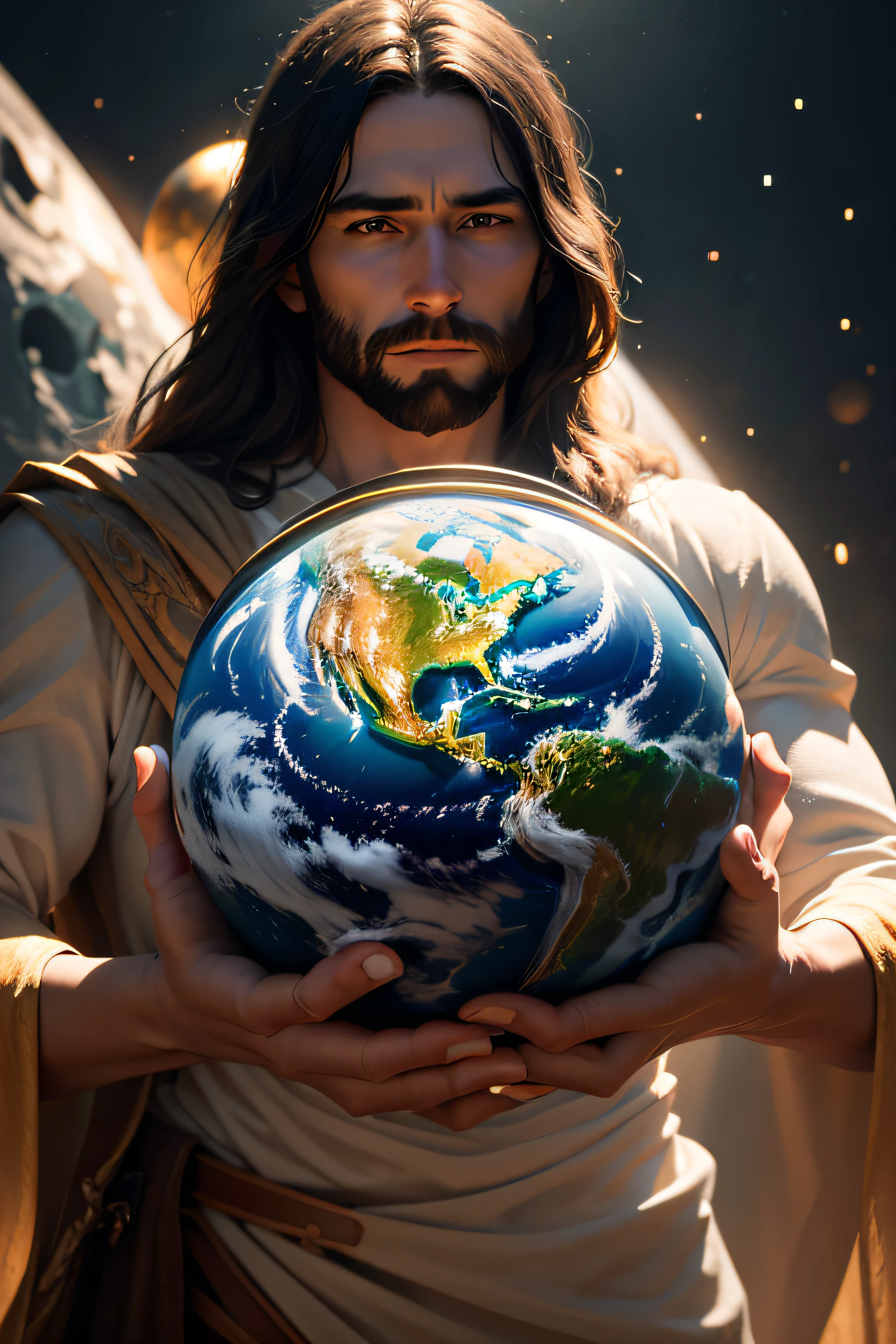 Jesus holding a globe in his hands with a background of stars - SeaArt AI