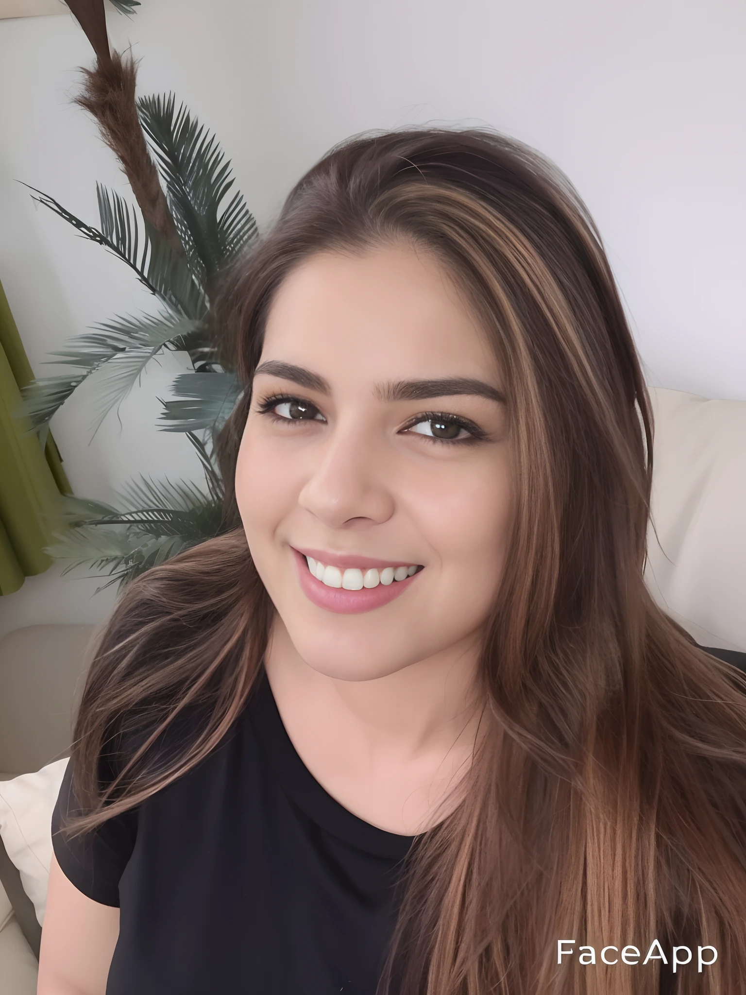 A close up of a woman with long brown hair smiling - SeaArt AI