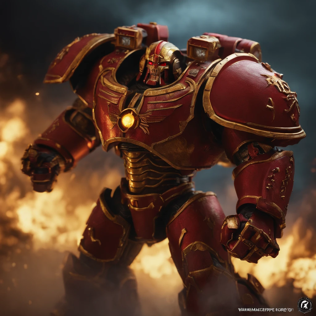 A close up of a red and gold warhammer with a sword - SeaArt AI