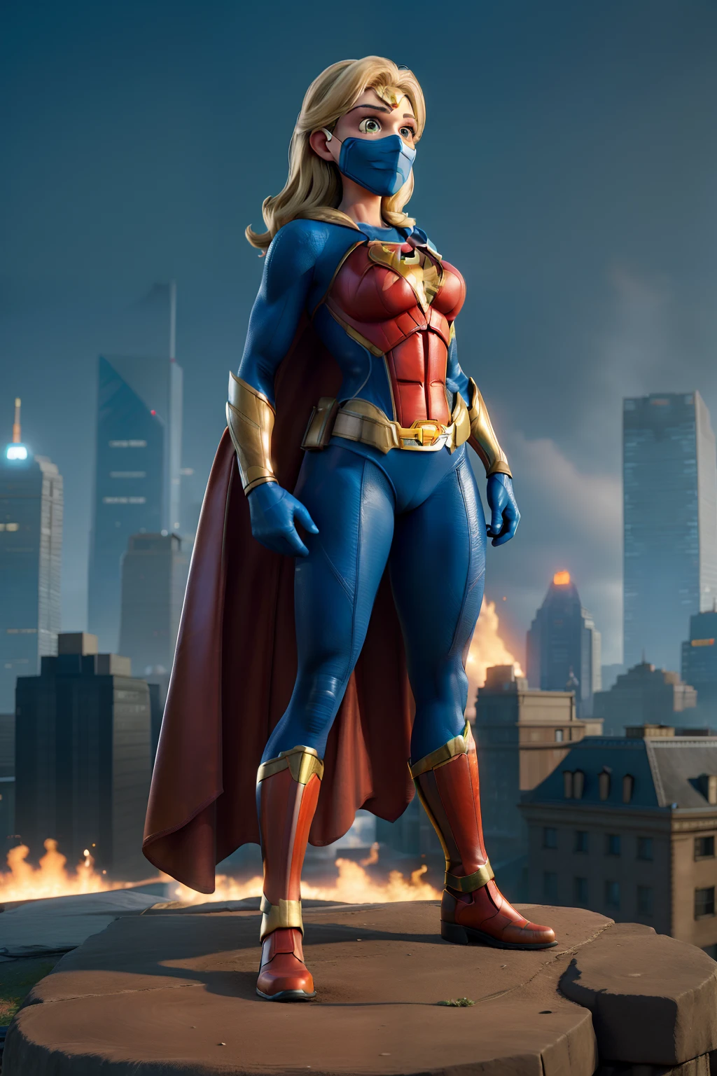 A woman in a blue and red costume stands on a ledge - SeaArt AI