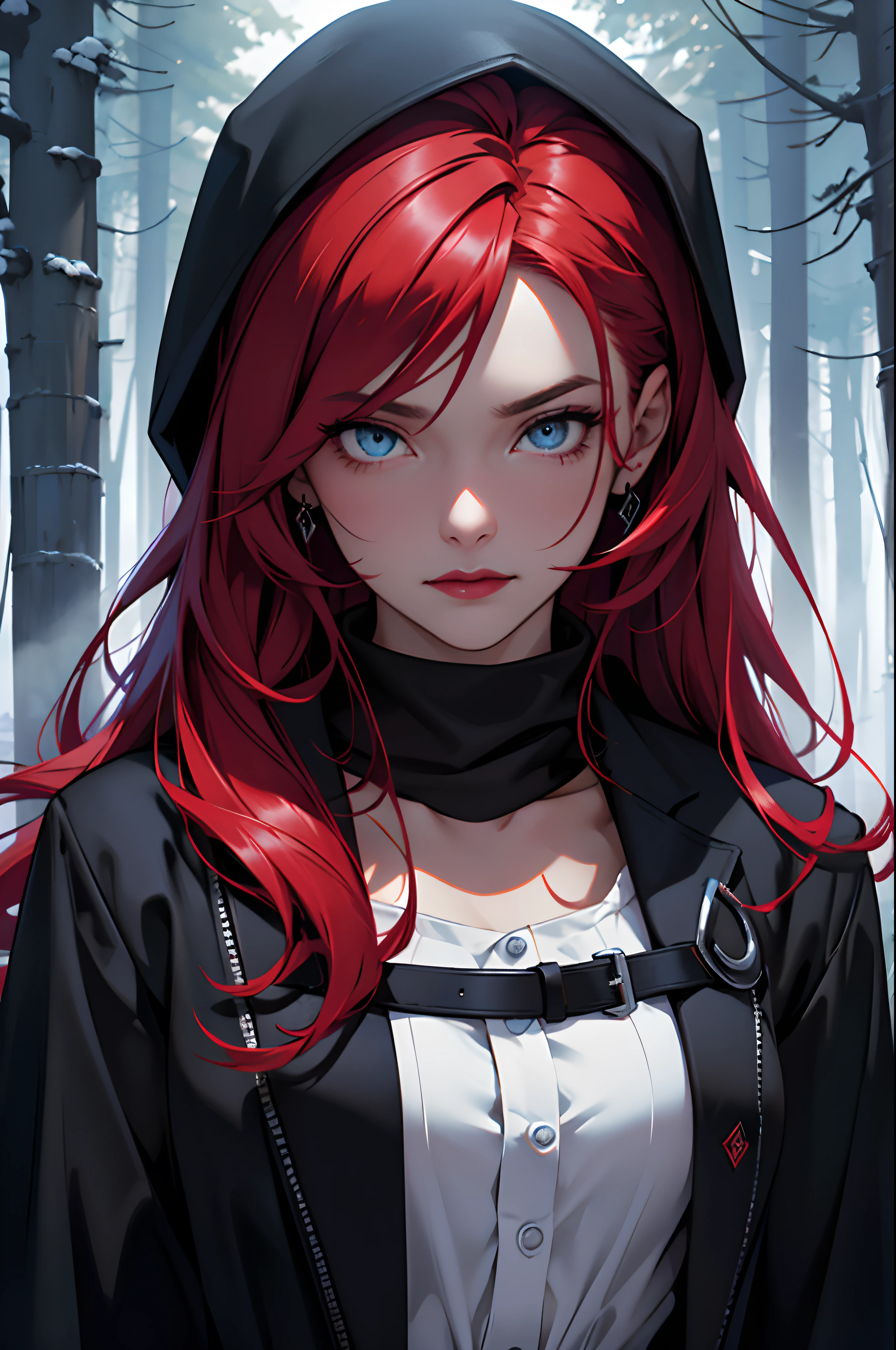 Anime girl with red hair and black hoodie in a forest - SeaArt AI