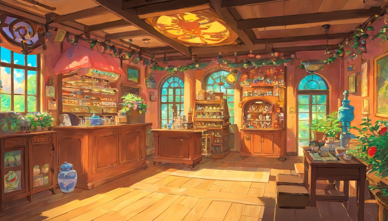 Anime - style illustration of a store with a lot of shelves and plants ...