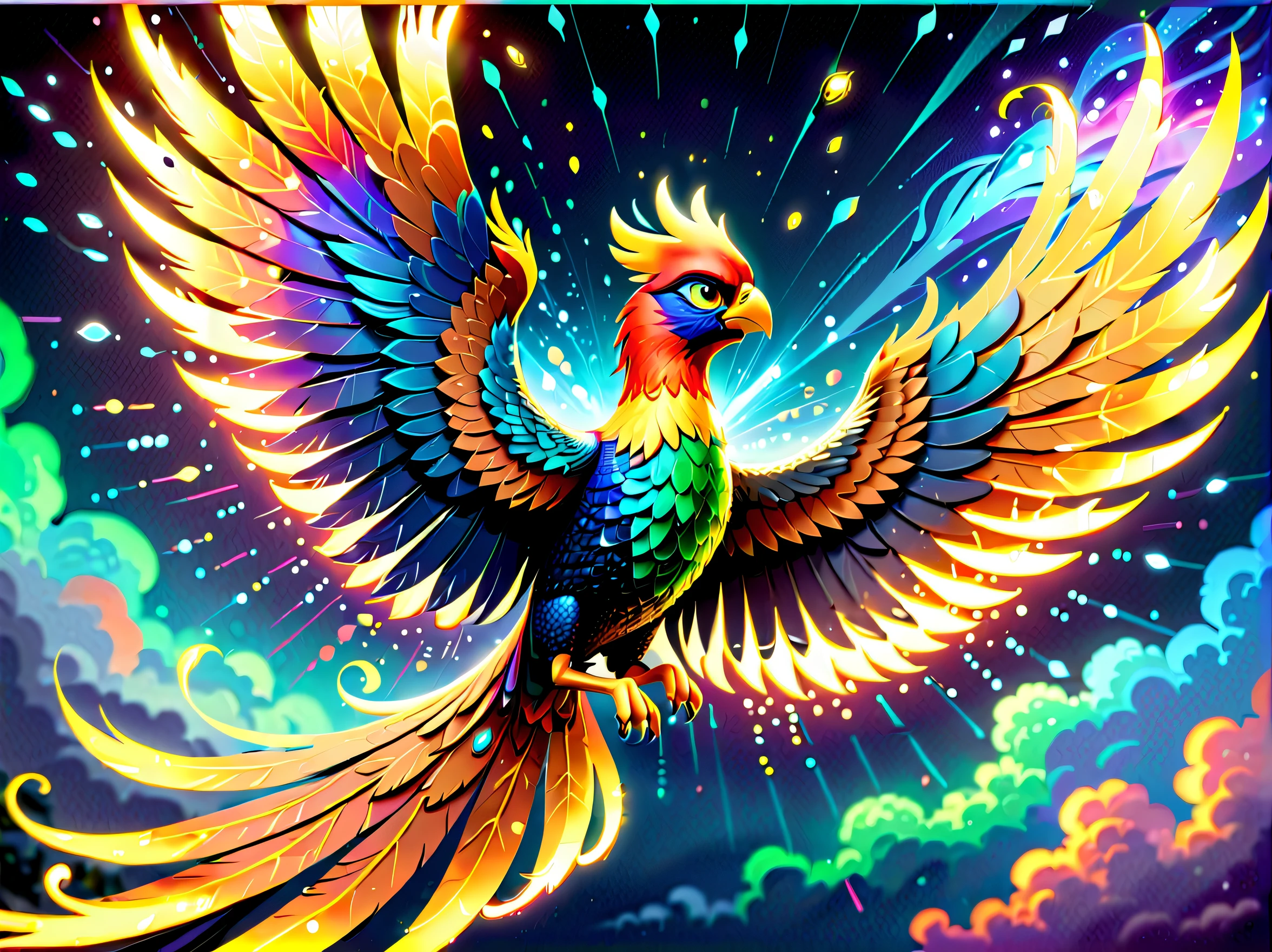 A colorful bird flying through the air with a bright background - SeaArt AI