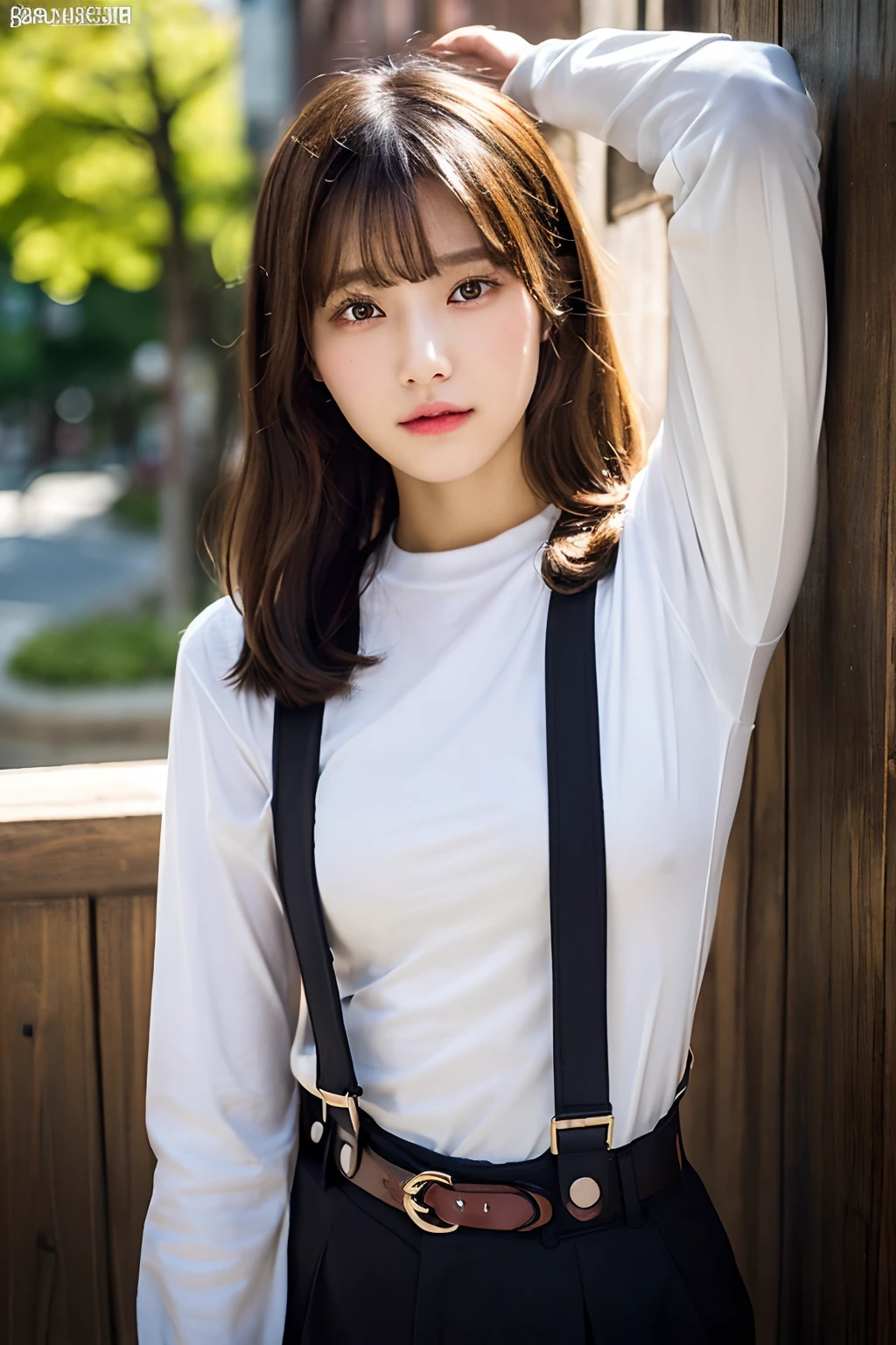 A close up of a woman wearing a white shirt and black suspenders ...