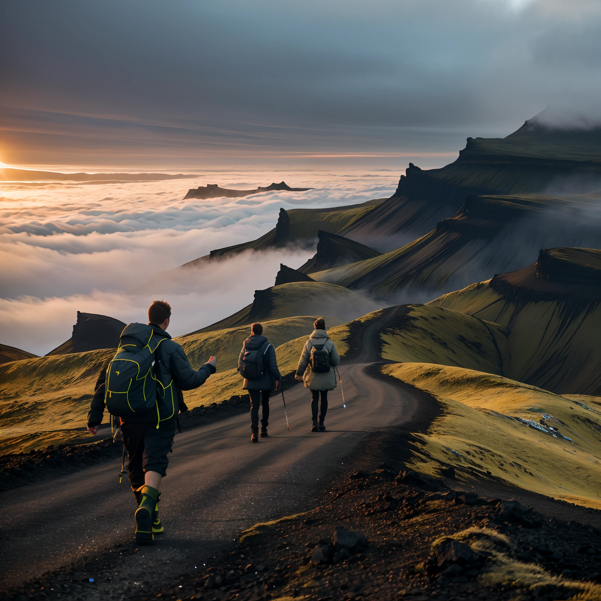 People walking up a mountain with a view of the clouds - SeaArt AI