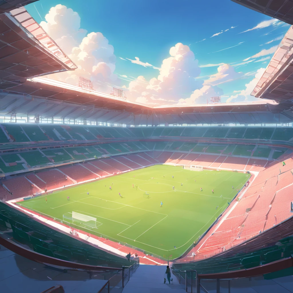 A view of a stadium with a soccer field and a sky background - SeaArt AI