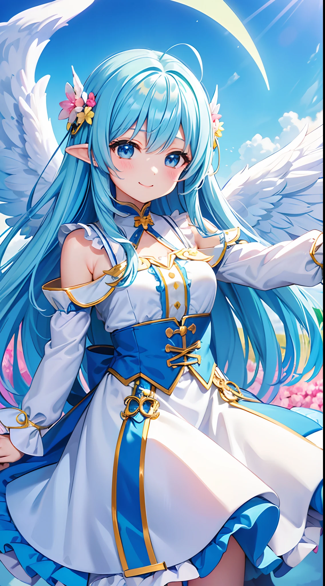 A close up of a anime character with blue hair and angel wings - SeaArt AI