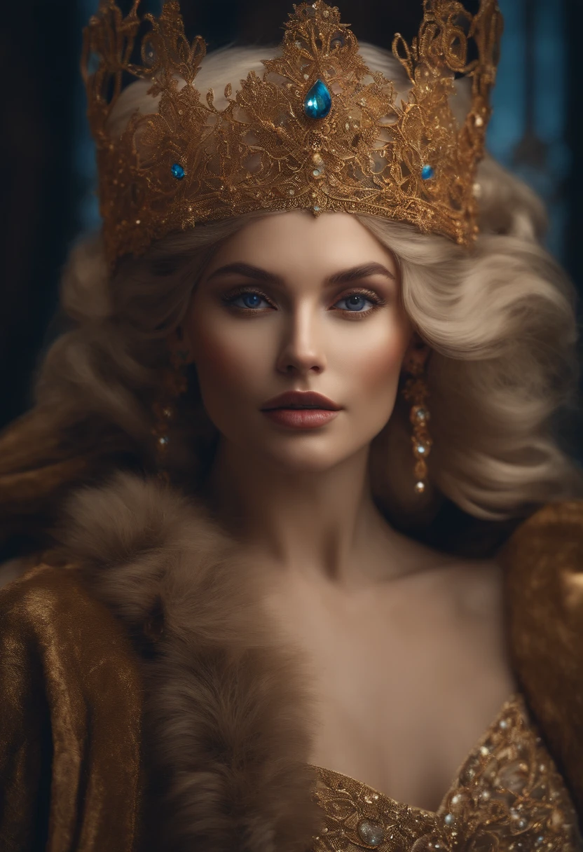 A woman in a golden dress and crown with blue eyes - SeaArt AI