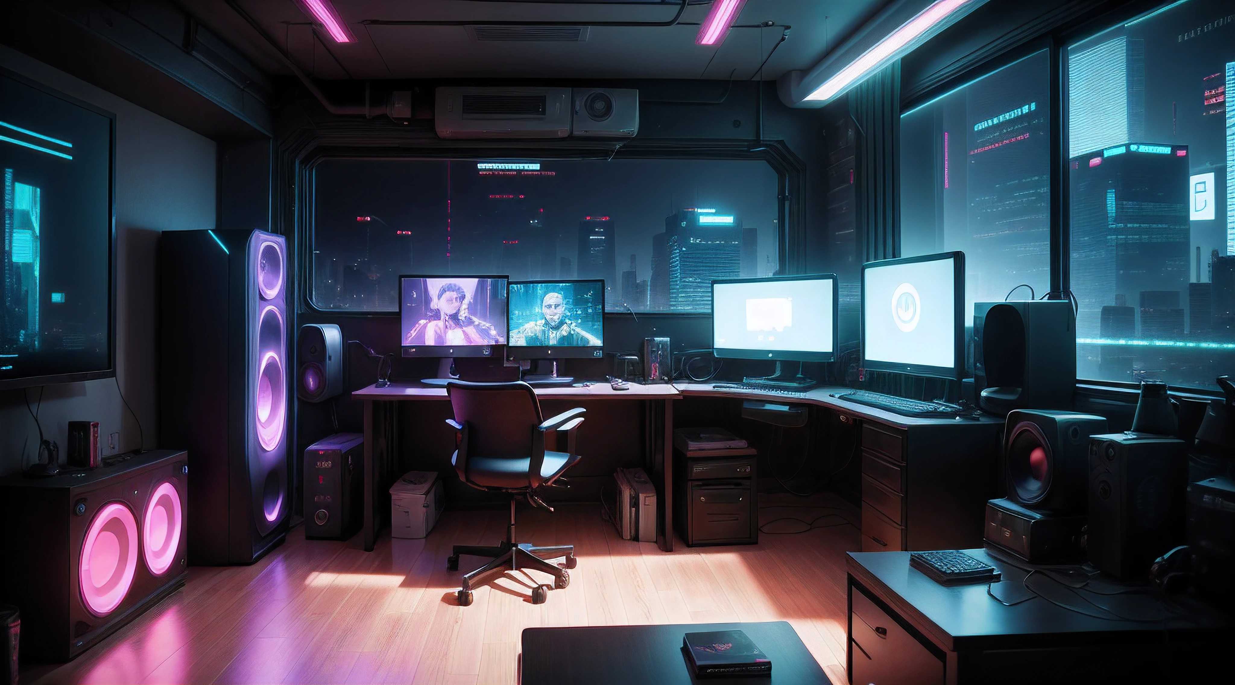 There is a room with a lot of computer monitors and a desk - SeaArt AI