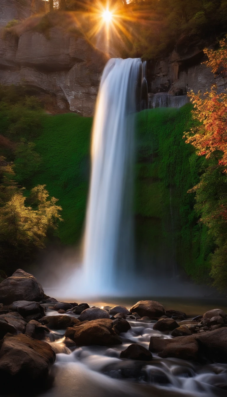 A close up of a waterfall with a sun shining over it - SeaArt AI