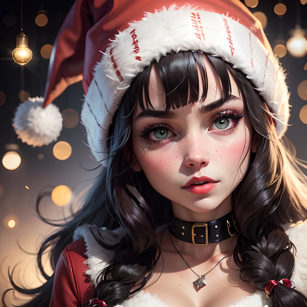 A close up of a woman wearing a santa hat and a red dress - SeaArt AI