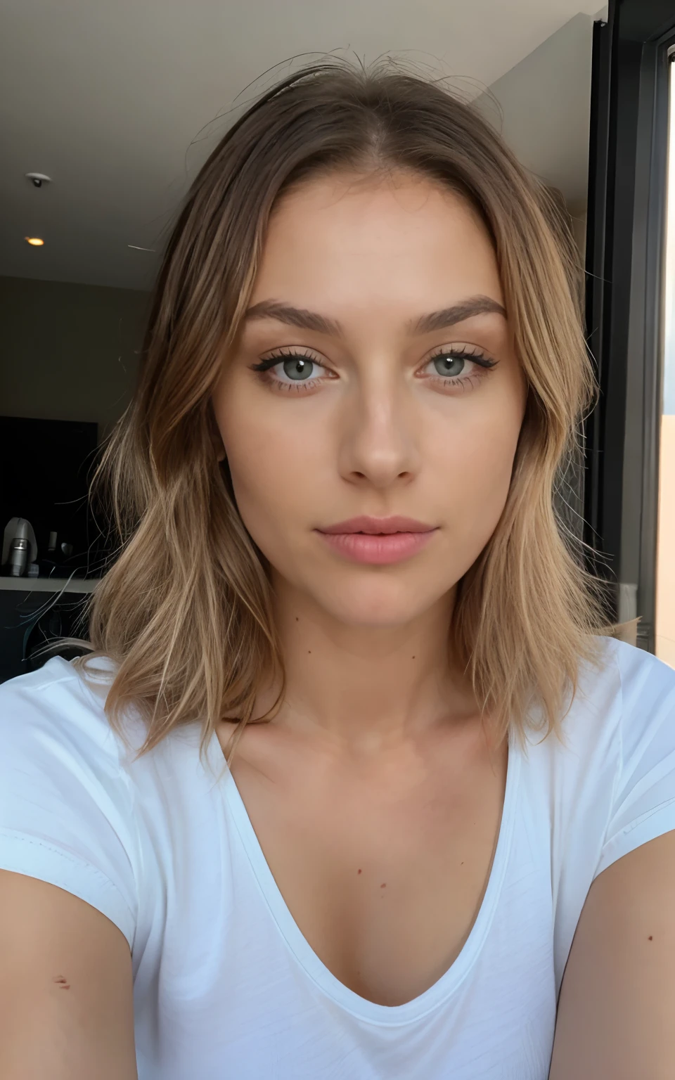 A close up of a woman with a white shirt and a brown hair - SeaArt AI