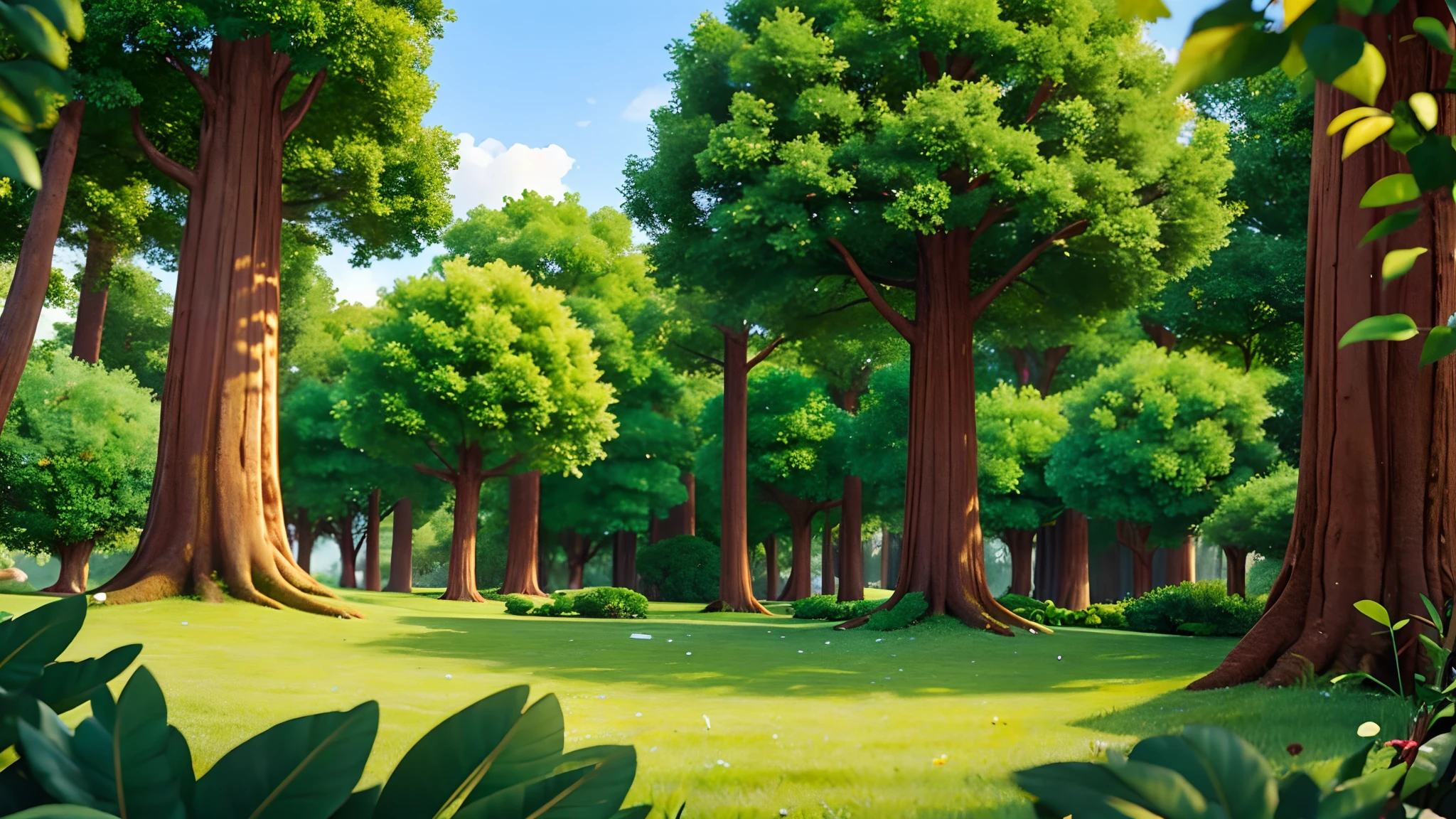 Cartoon scene of a forest with trees and grass - SeaArt AI