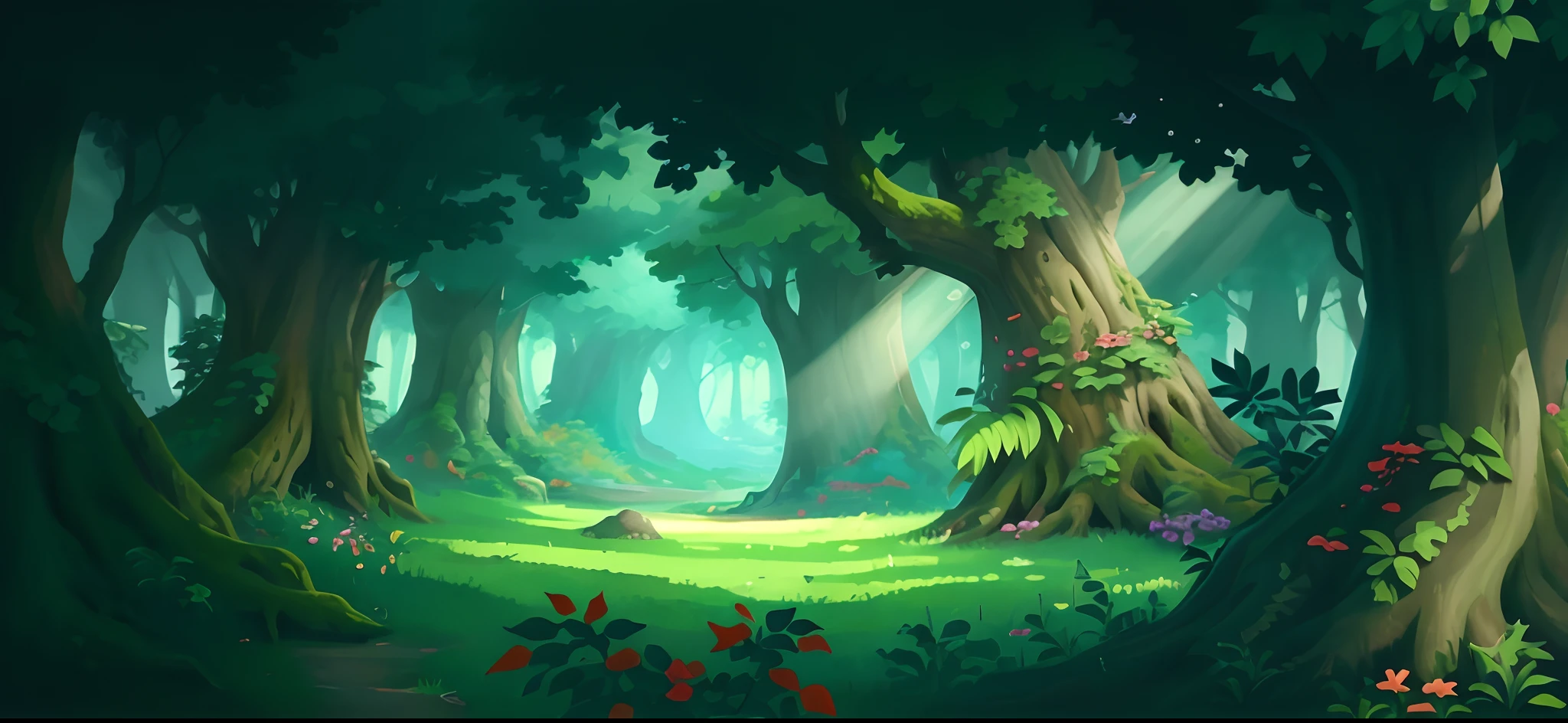 A cartoon scene of a forest with a path through it - SeaArt AI