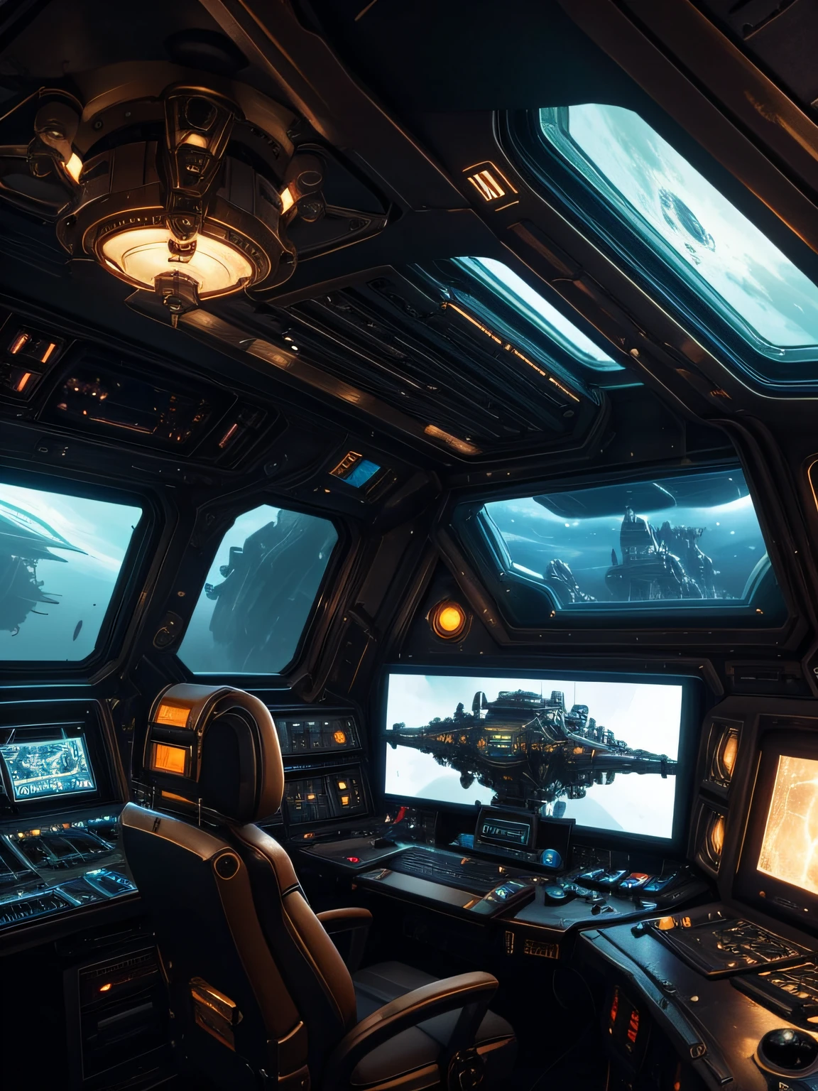 A close up of a control room with multiple monitors and a desk - SeaArt AI