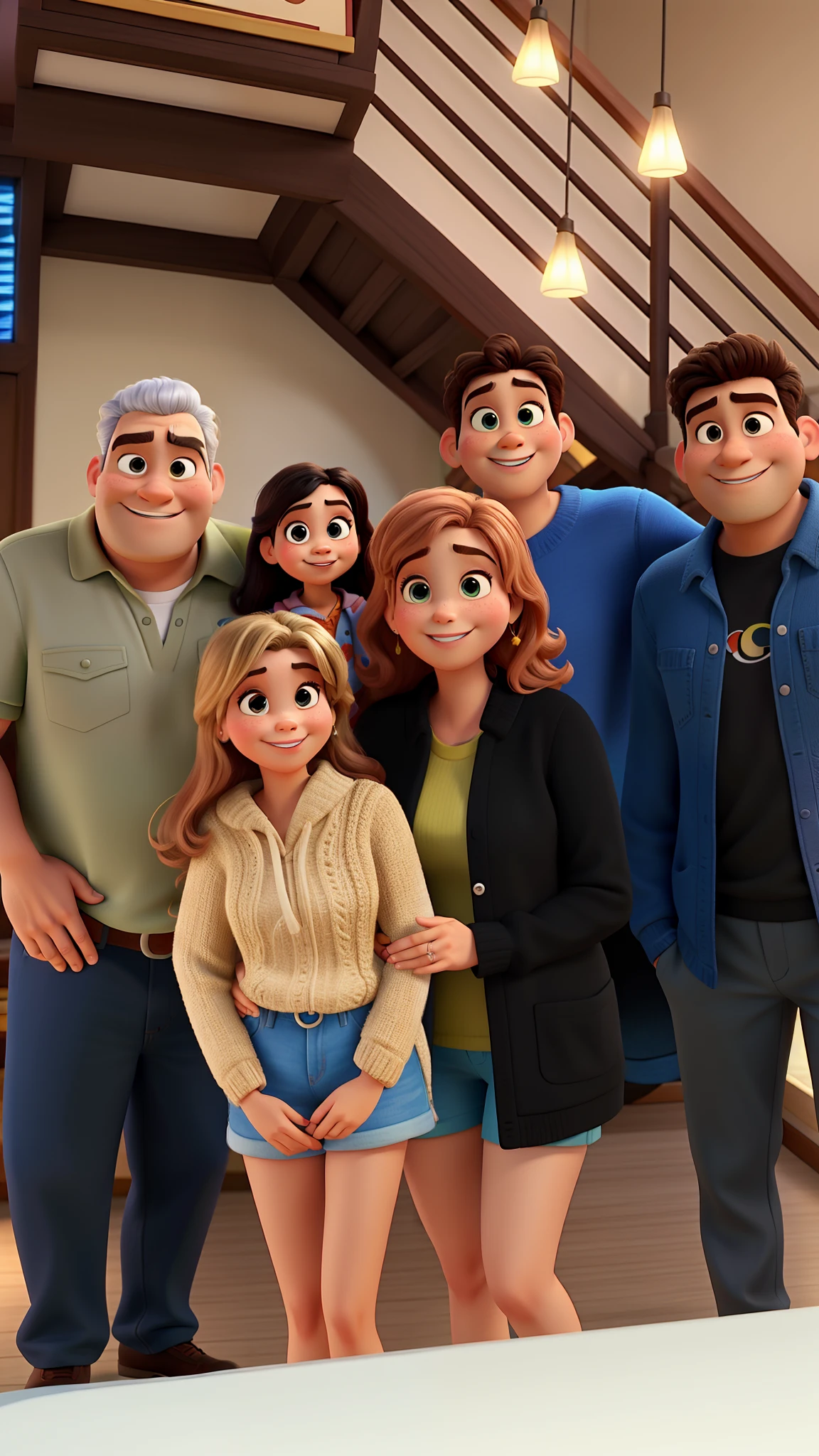 A group of cartoon characters standing in a living room together ...