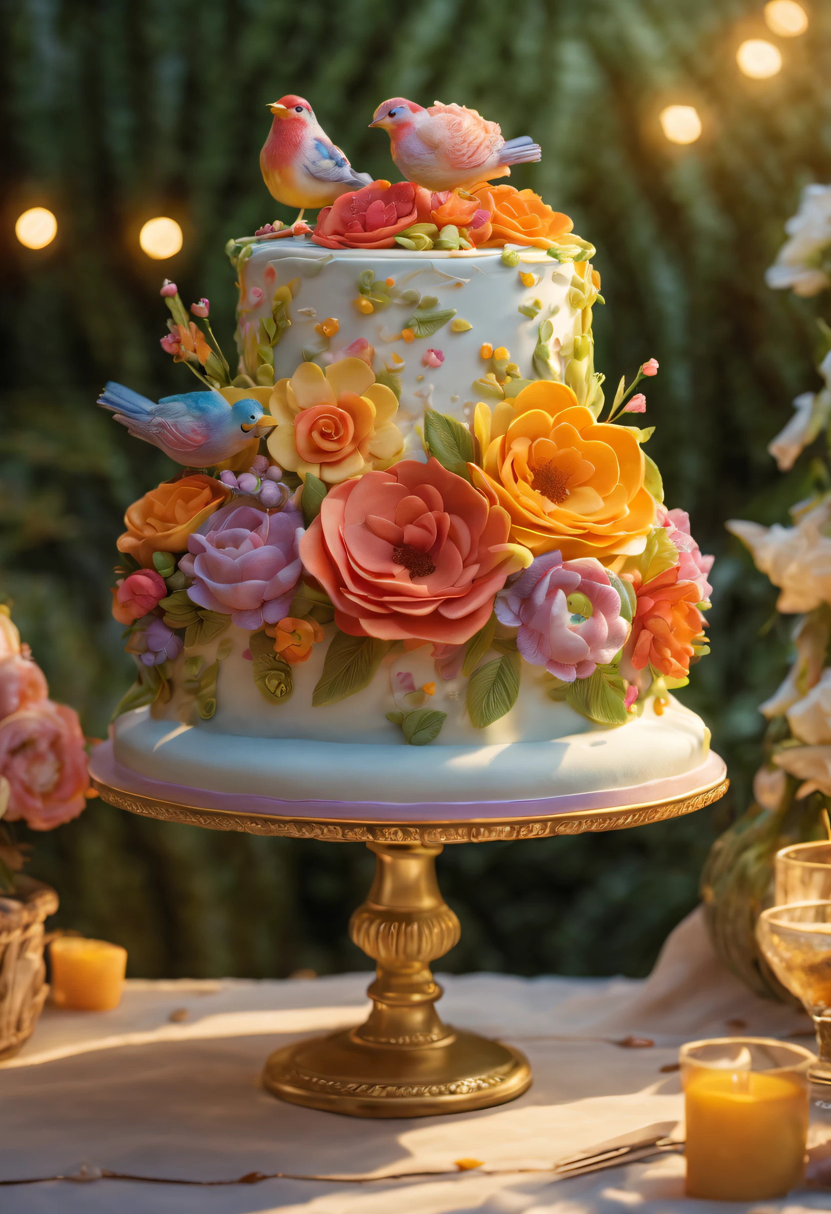 There is a cake with flowers and birds on it on a table - SeaArt AI