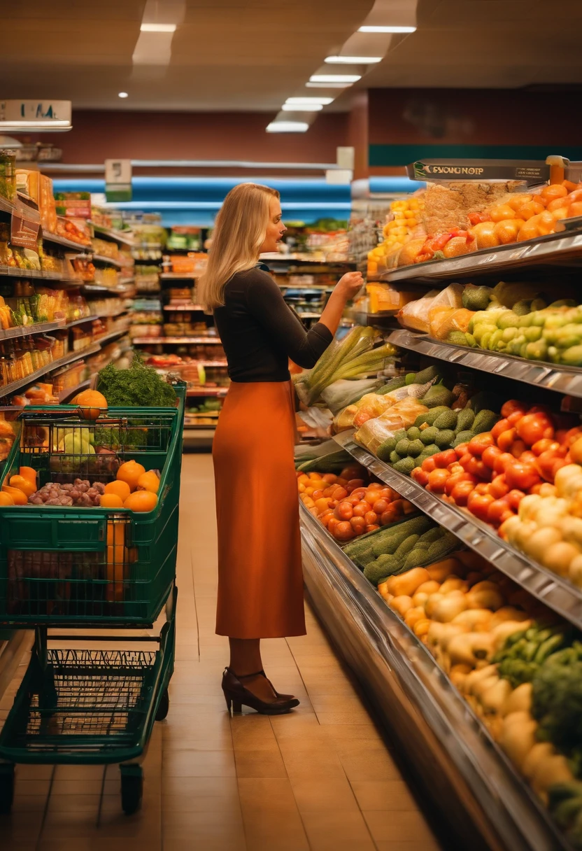 Woman in a grocery store looking at vegetables in a display - SeaArt AI