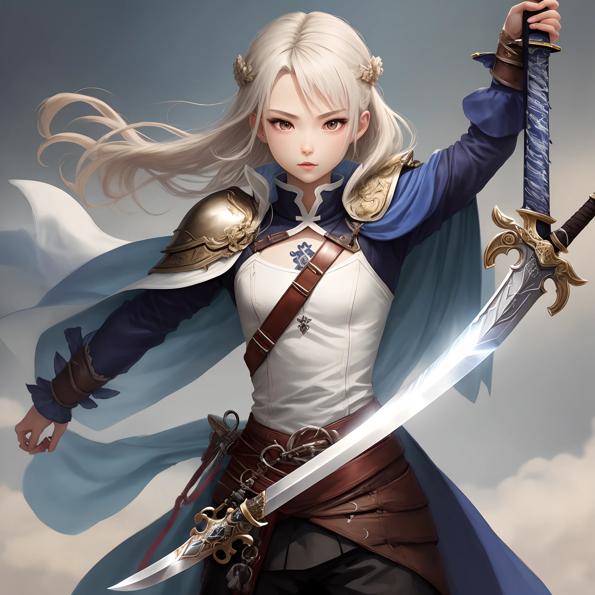 A woman with a sword and a cape is standing in the sky - SeaArt AI
