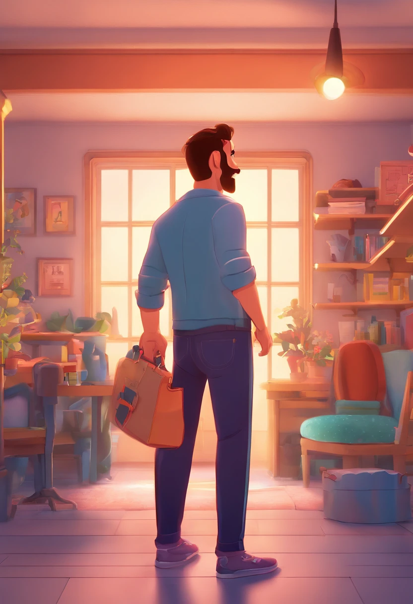 A cartoon man standing in a room with a bag and a suitcase - SeaArt AI