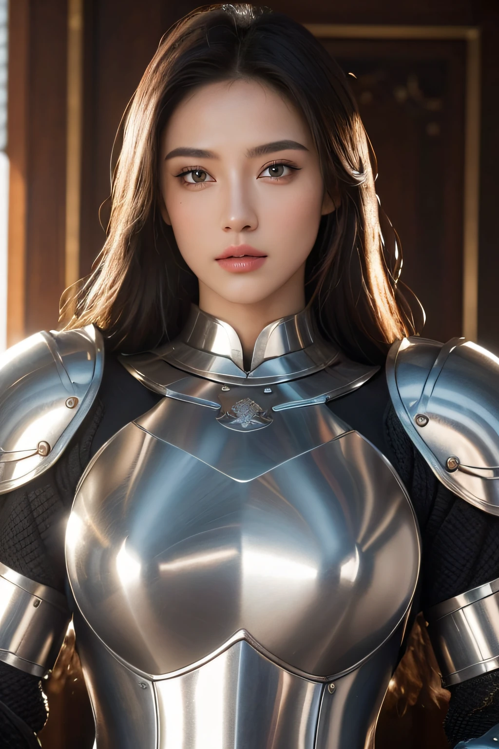 A woman in a silver armor suit posing for a picture - SeaArt AI