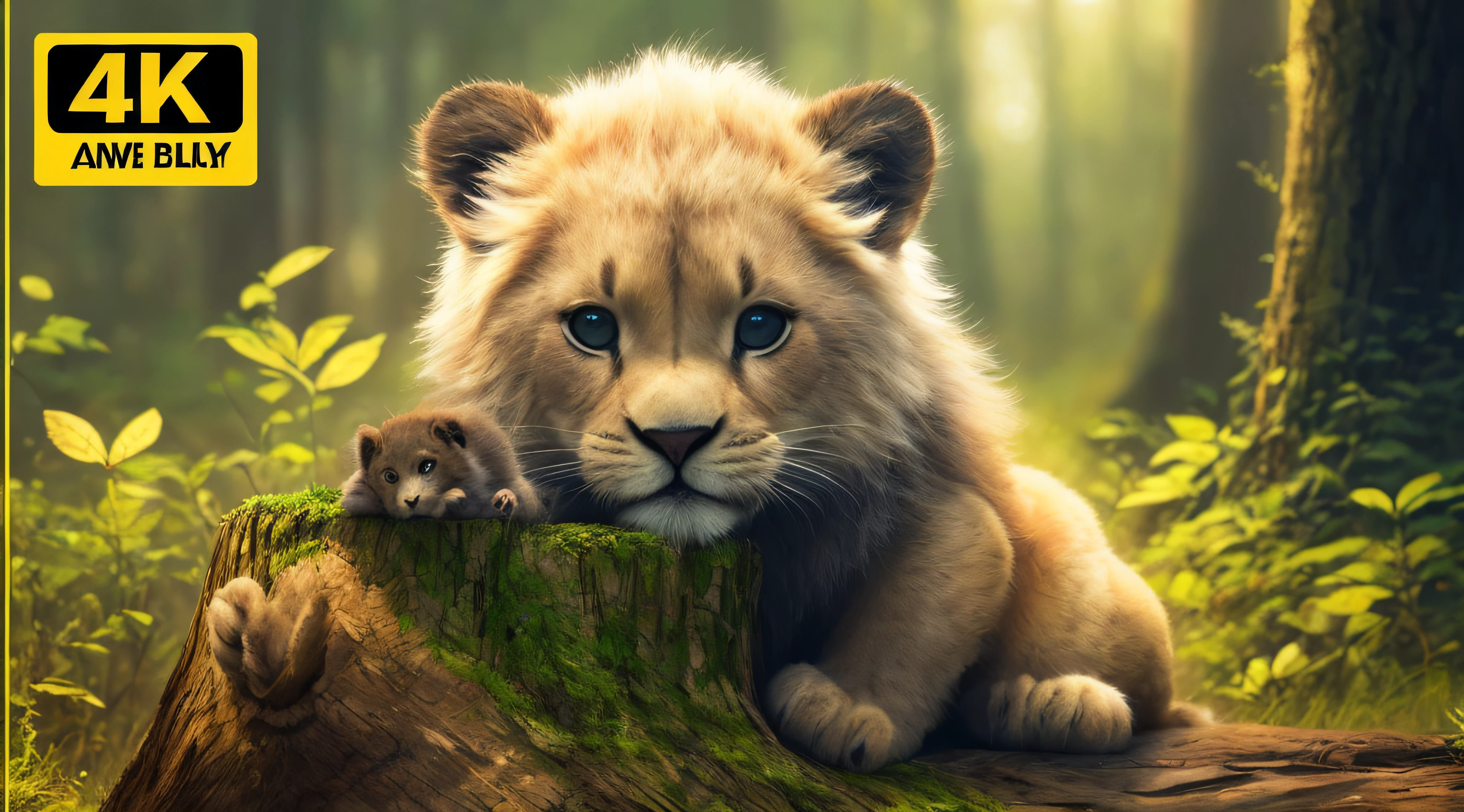 A close up of a lion cub resting on a tree stump - SeaArt AI