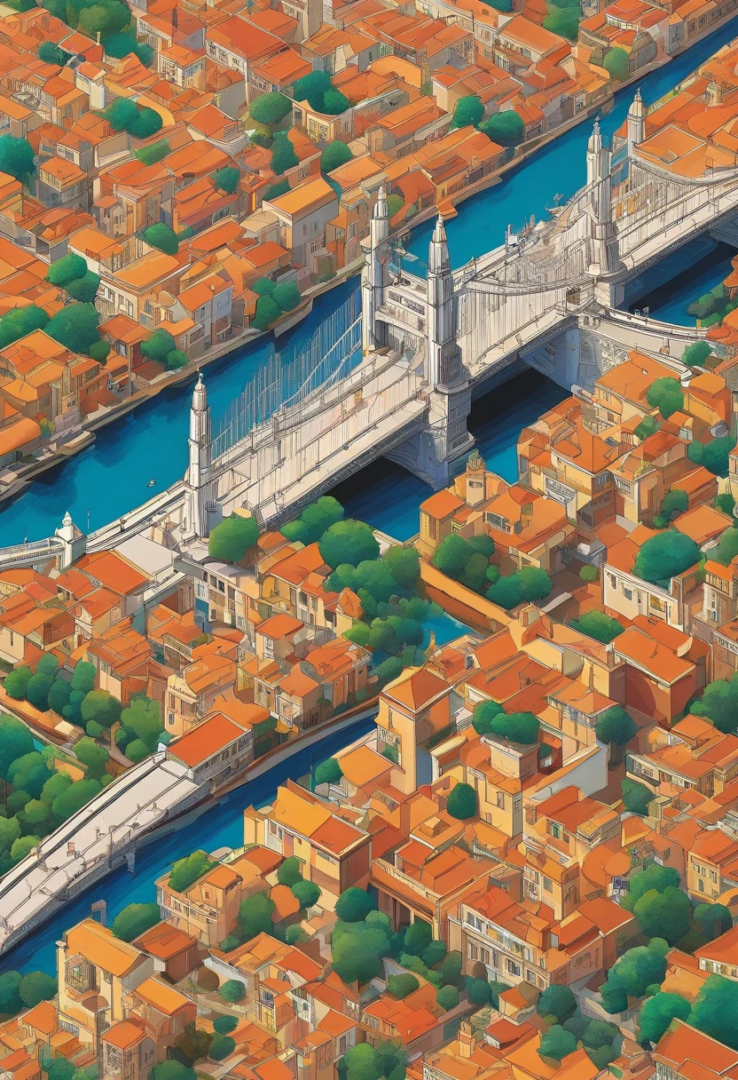 A close up of a bridge over a river with a city in the background ...