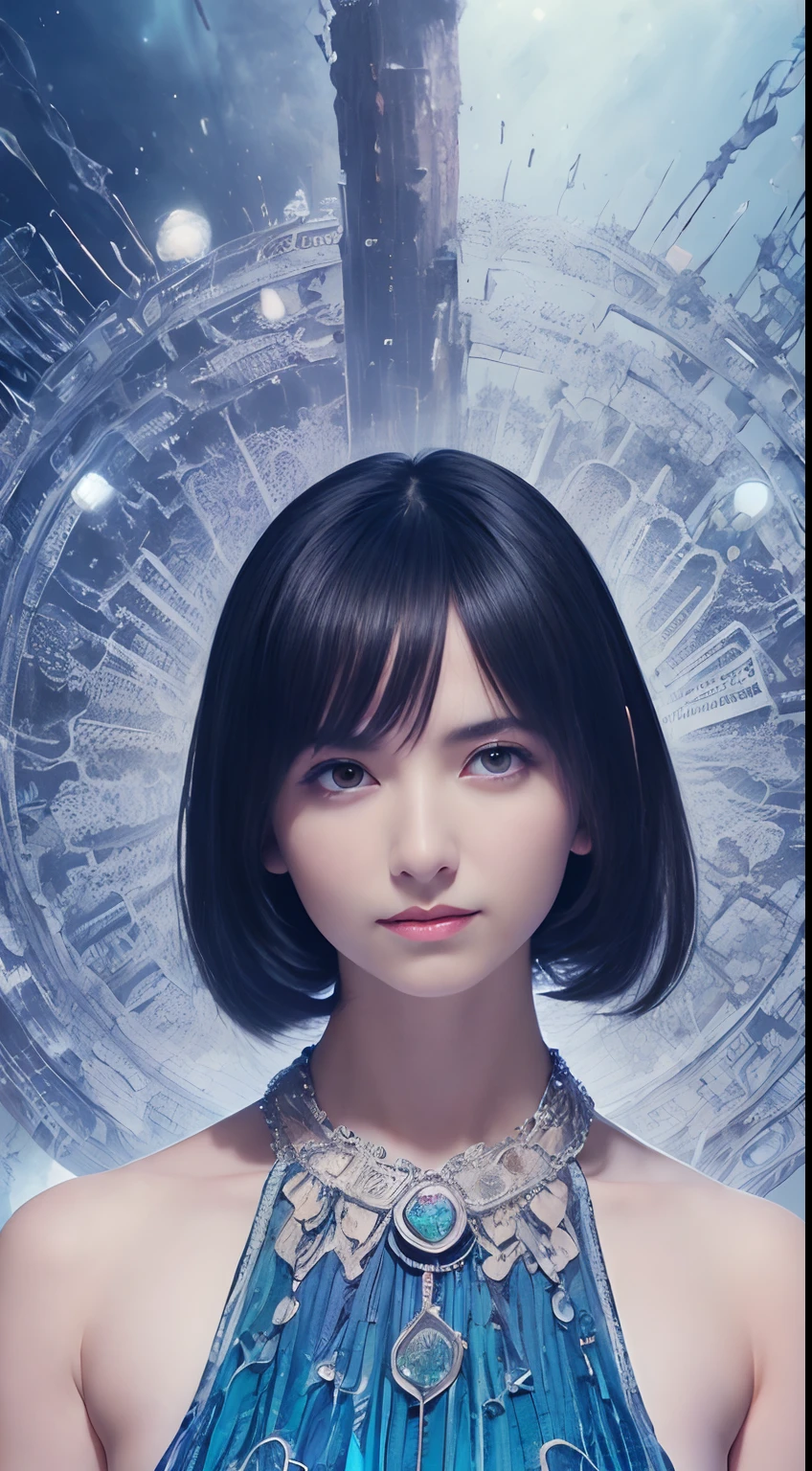 A close up of a woman with a necklace on a blue dress - SeaArt AI