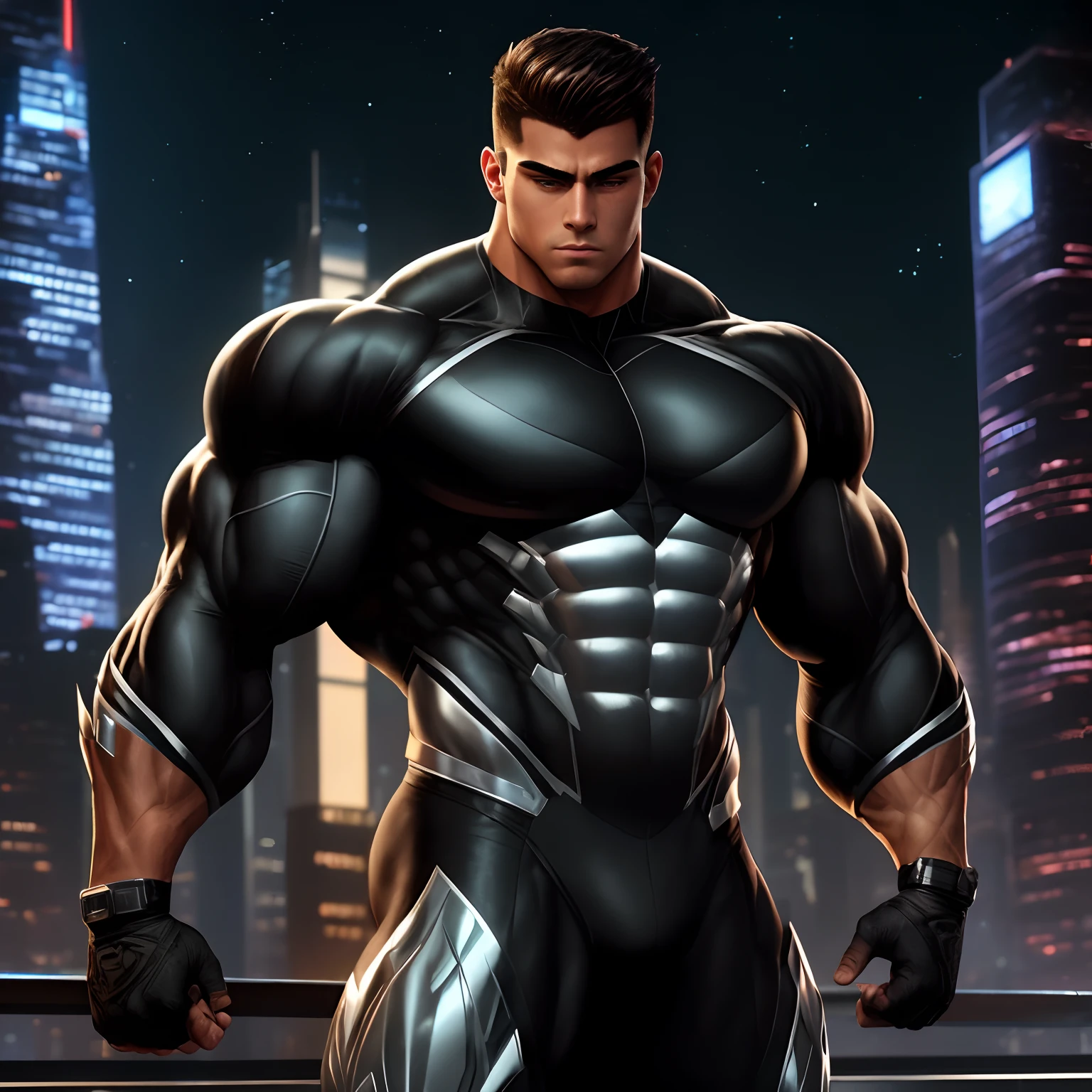 A man in a black suit standing in front of a city - SeaArt AI
