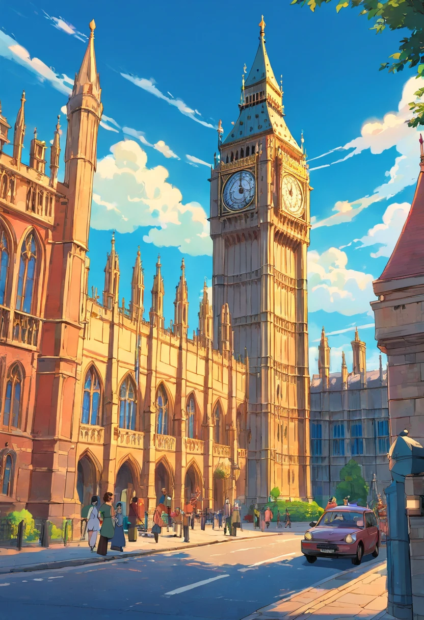 Painting of a large building with a clock tower in the middle of it - SeaArt AI