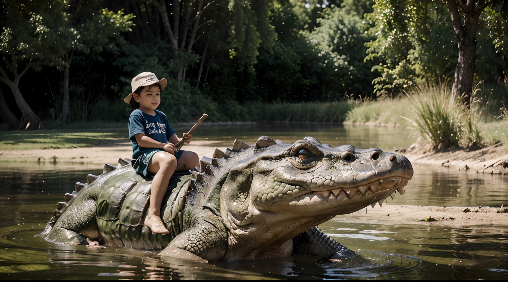 There is a boy riding on a crocodile in the water - SeaArt AI