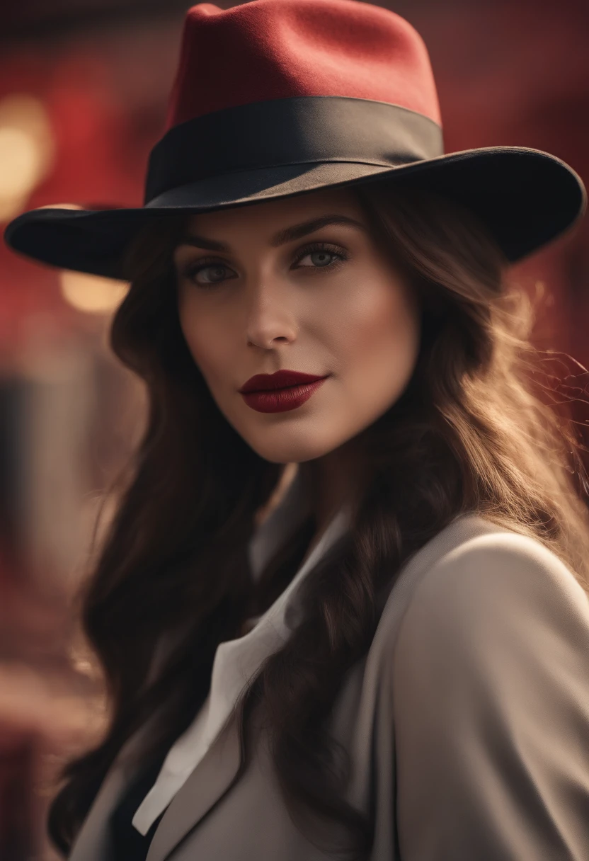 Arafed woman with long hair wearing a red hat and a gray jacket - SeaArt AI