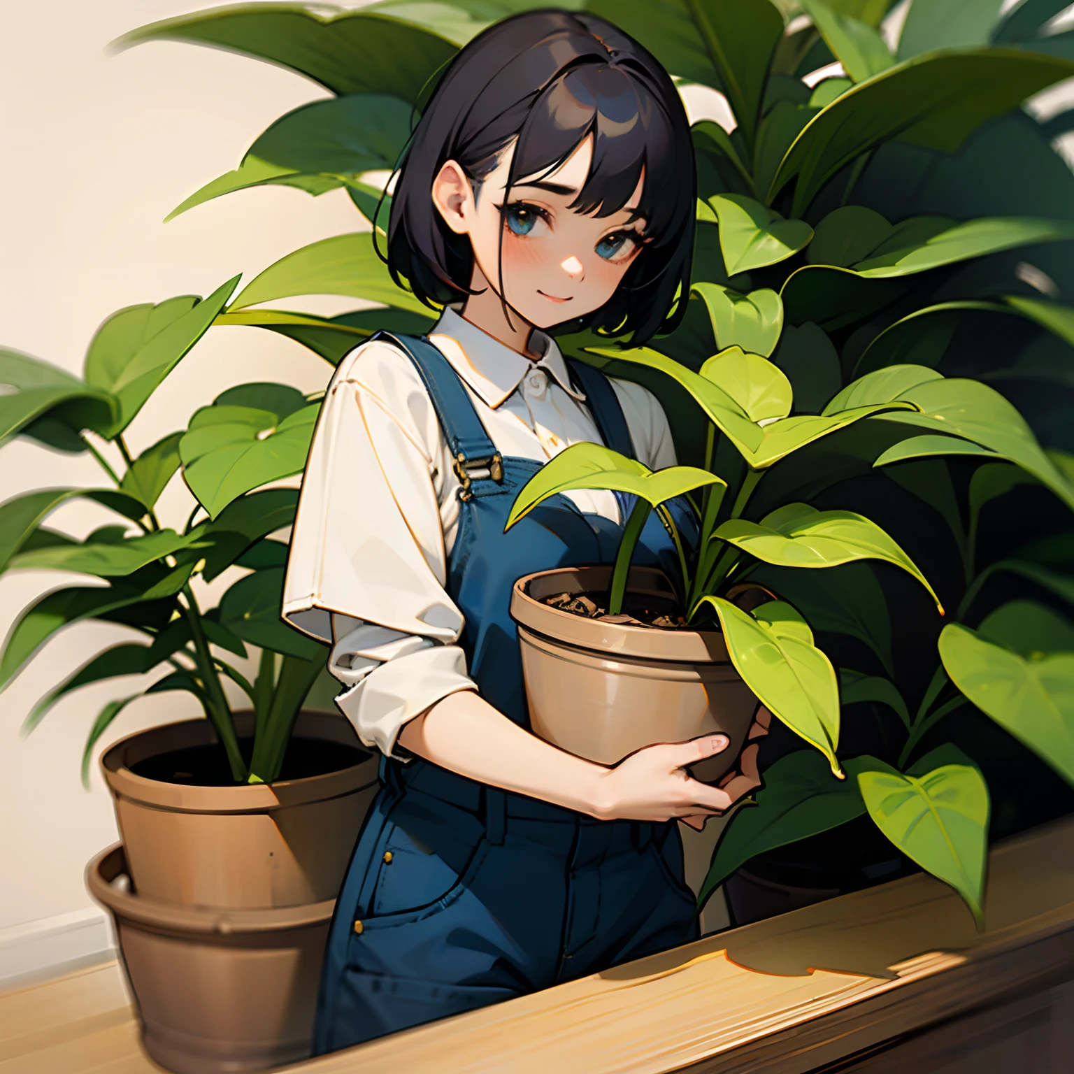 Anime girl holding a potted plant in front of a plant - SeaArt AI