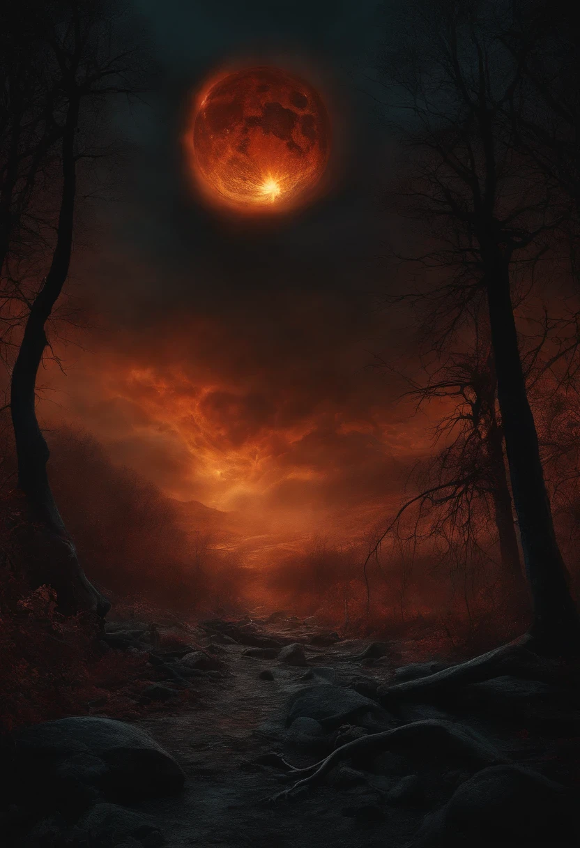 A red moon is seen over a dark forest with trees - SeaArt AI