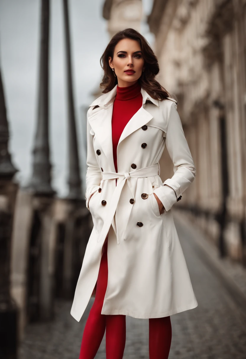 A woman in a white trench coat and red tights poses for a picture ...