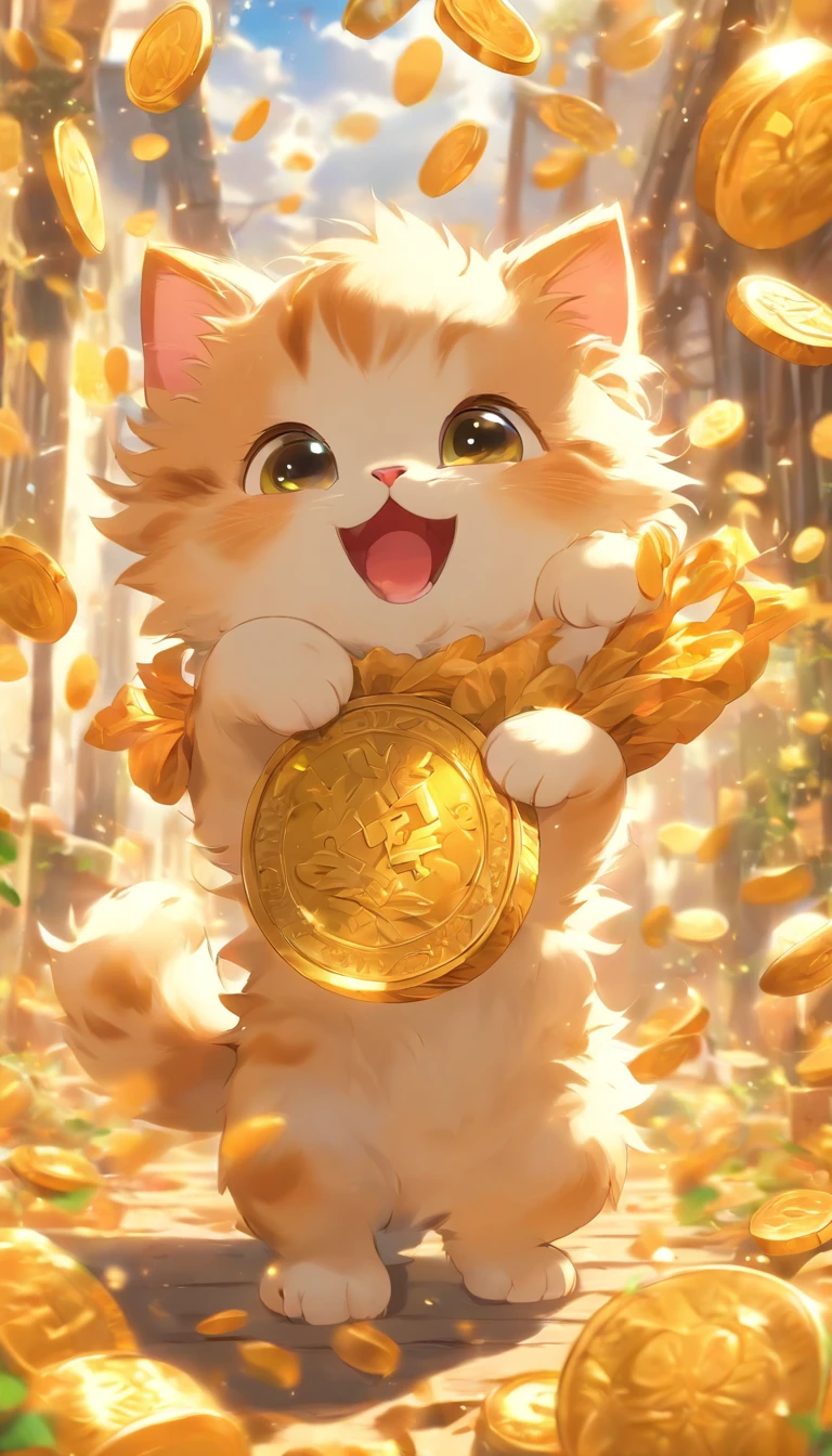 A close up of a cat holding a gold coin in its paws - SeaArt AI