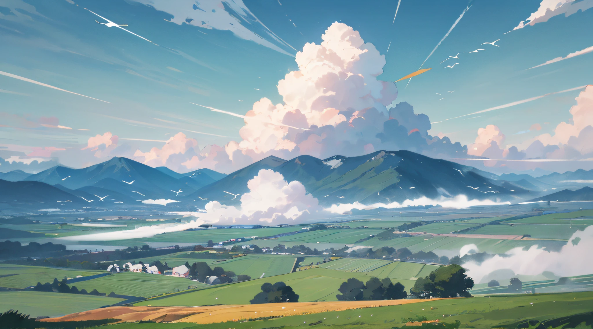 Anime landscape with a mountain and a valley in the distance - SeaArt AI