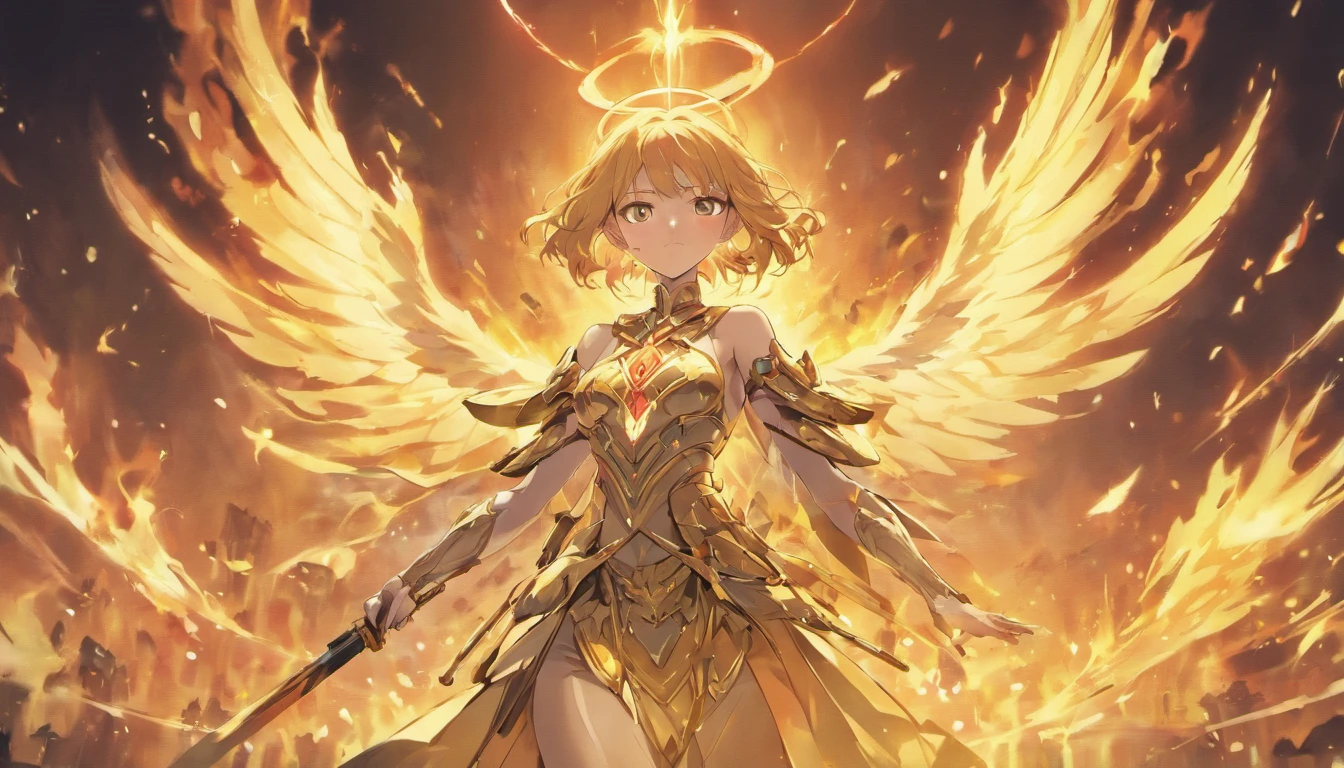 A woman in a golden dress holding a sword and a sword - SeaArt AI