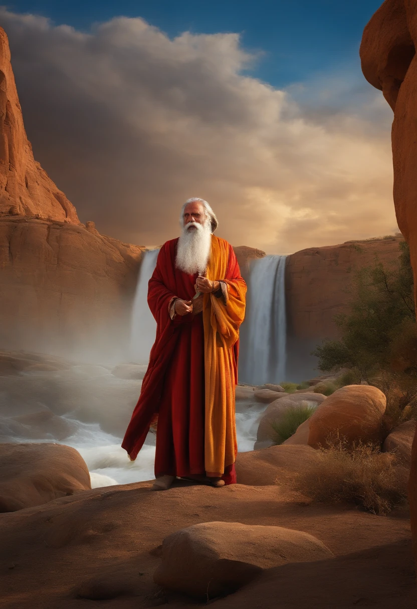 A man in a red robe standing in front of a waterfall - SeaArt AI