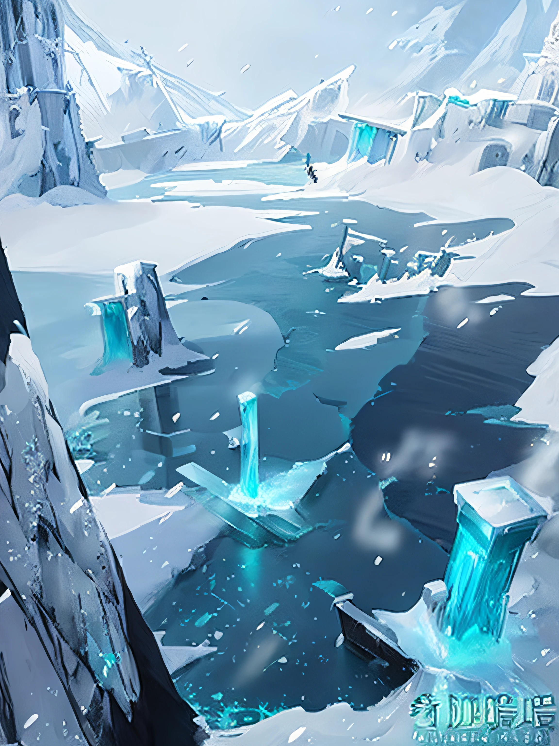 There is a picture of a frozen river in the middle of a snowy mountain ...