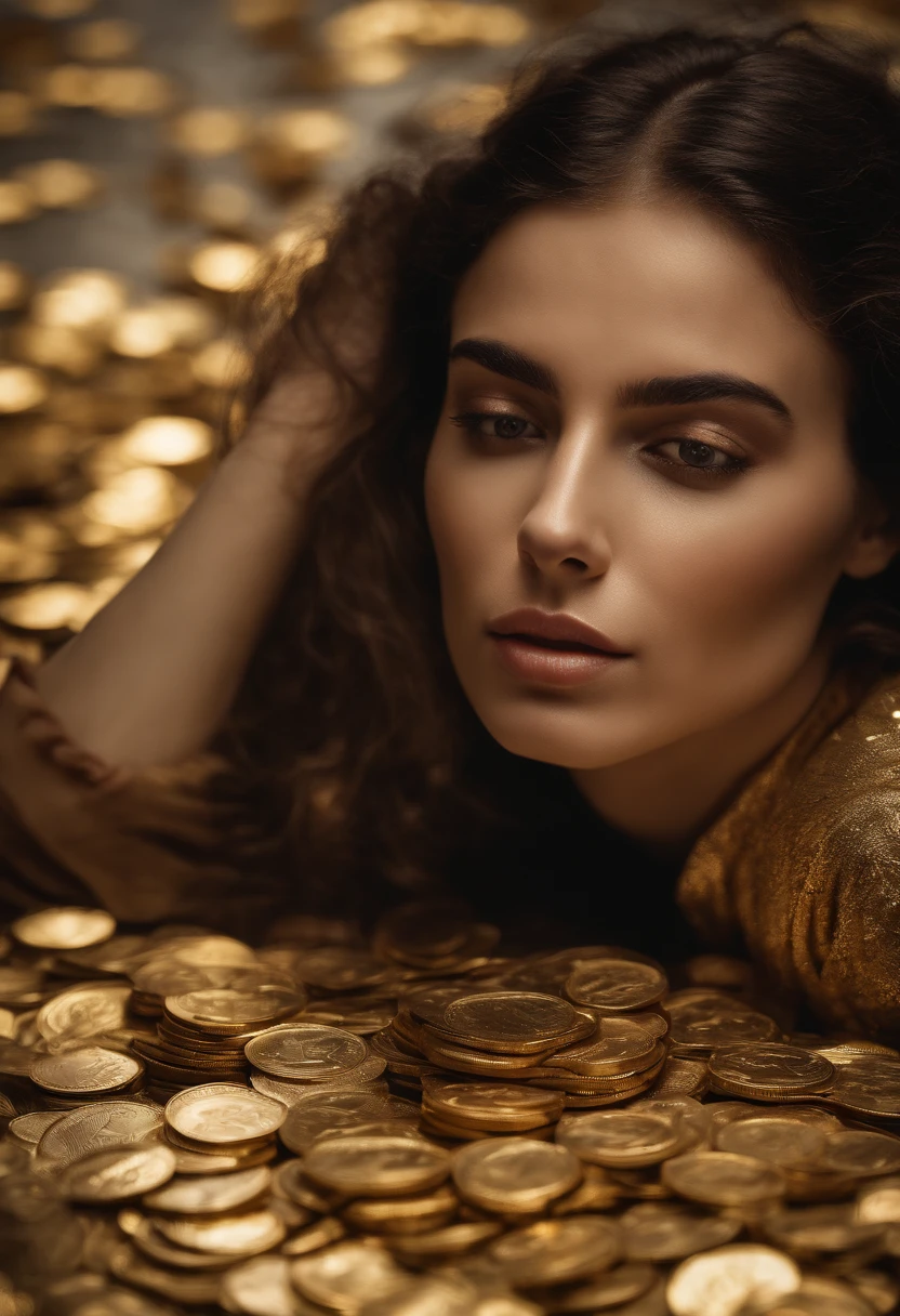 A close up of a woman laying on a pile of gold coins - SeaArt AI
