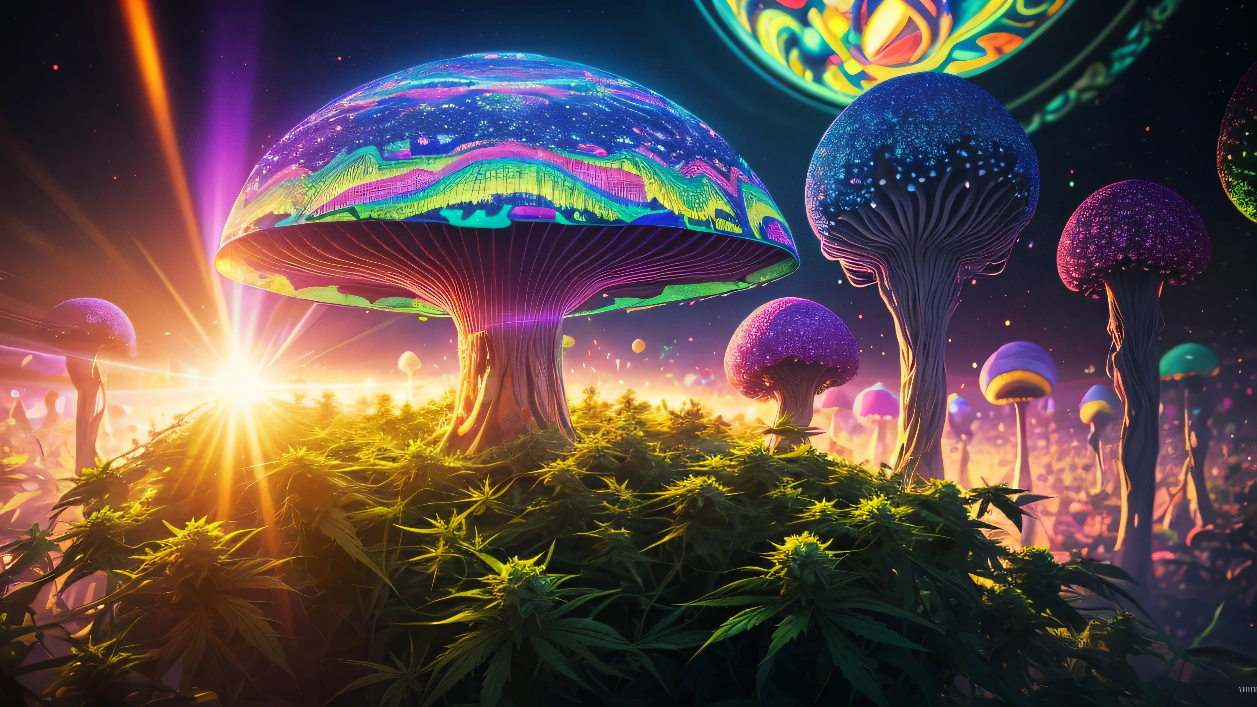 A group of mushrooms that are standing in the grass - SeaArt AI